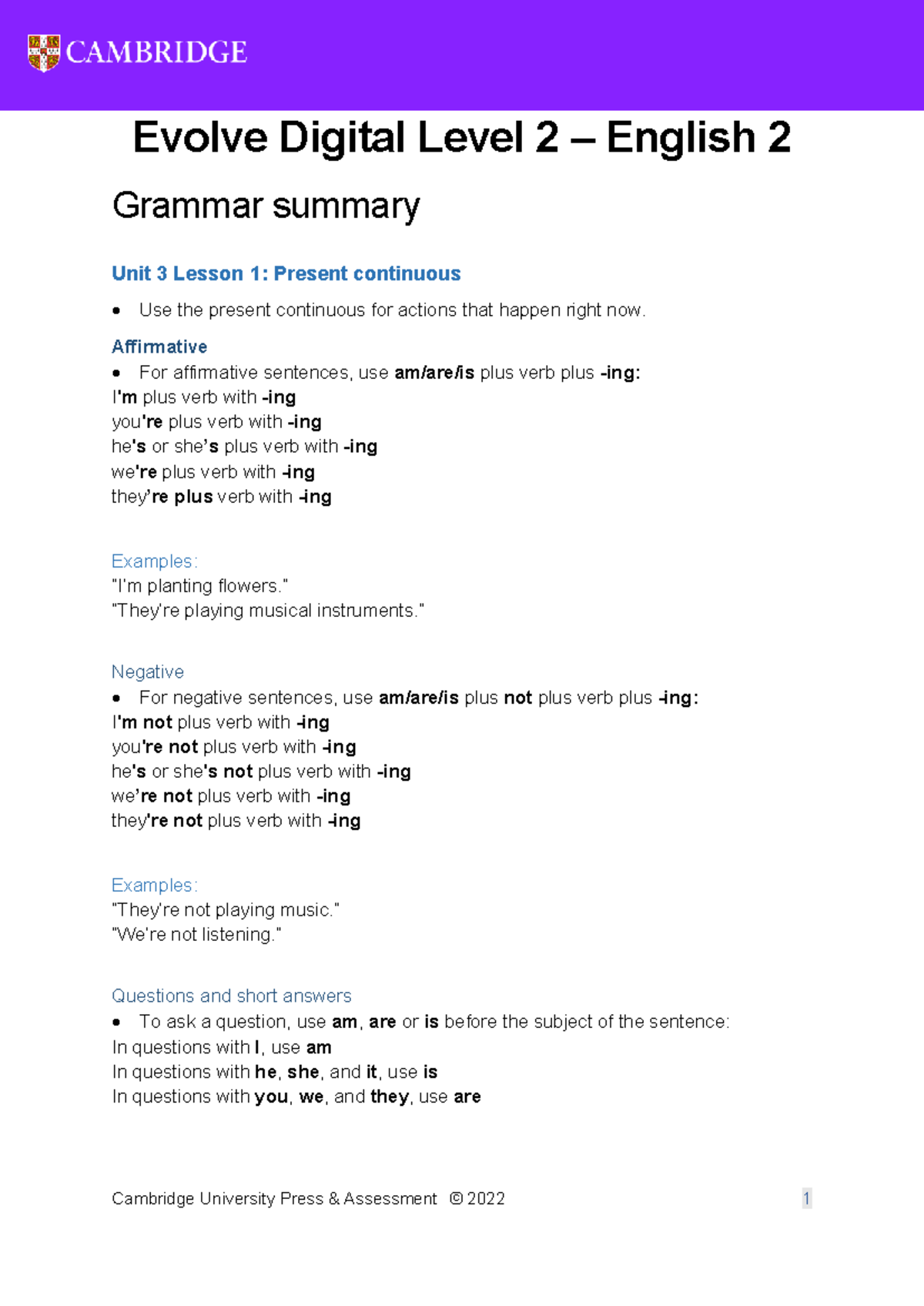 Unit 3 - E2 - Grammar - Cambridge University Press & Assessment © 2022 ...