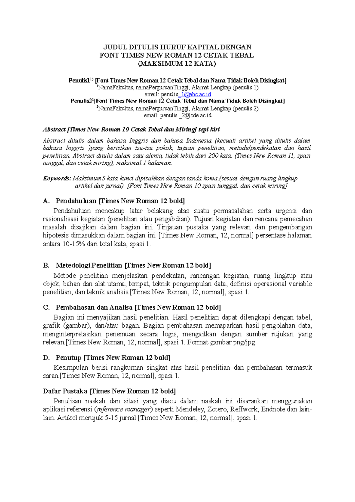 Template bindo artikel jurnal - JUDUL DITULIS HURUF KAPITAL DENGAN FONT TIMES NEW ROMAN 12 CETAK ...