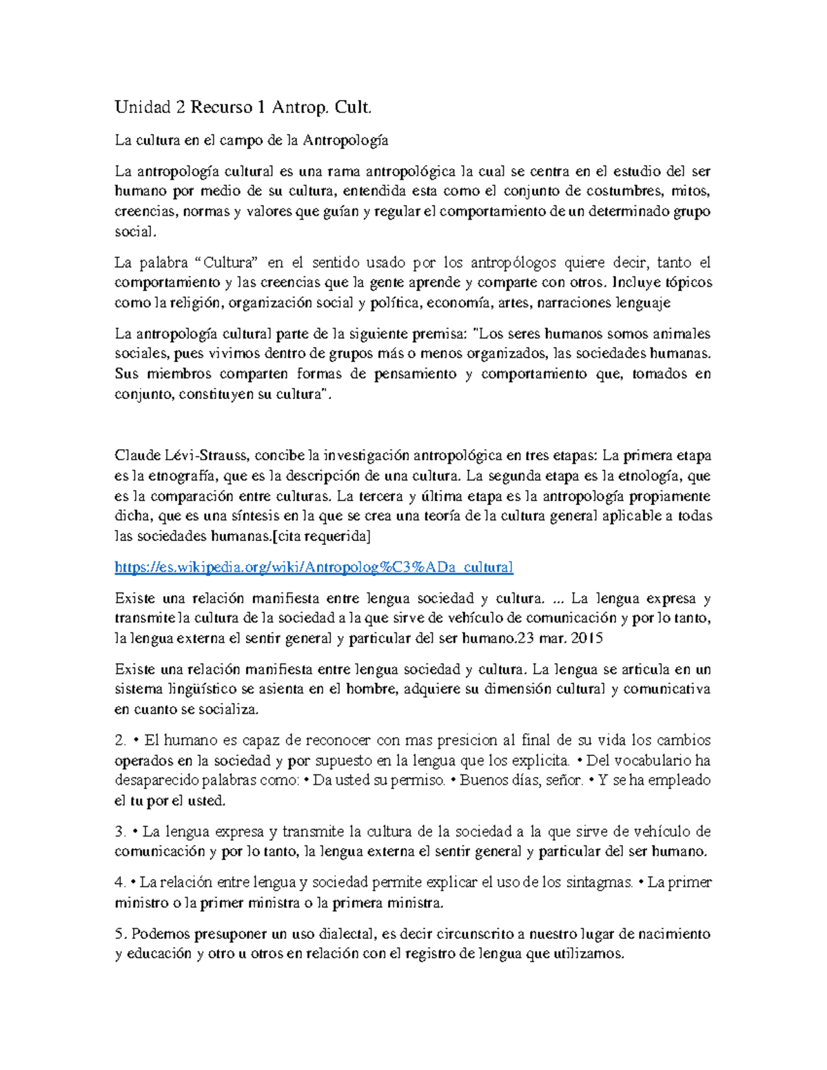 Unidad 2 Recurso 1 Antrop Cult - Unidad 2 Recurso 1 Antrop. Cult. La ...