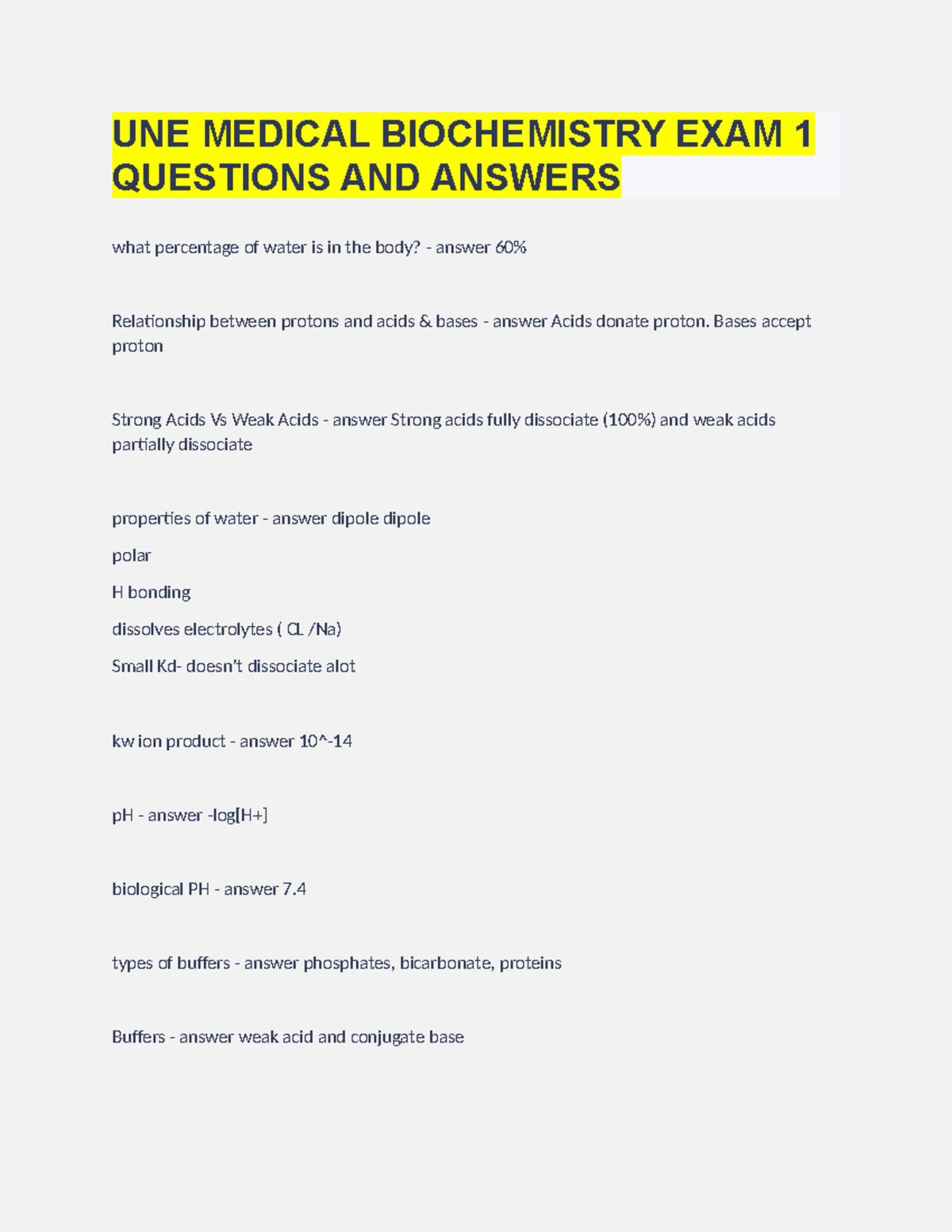 UNE Medical Biochemistry EXAM 1 Questions AND Answers - UNE MEDICAL ...