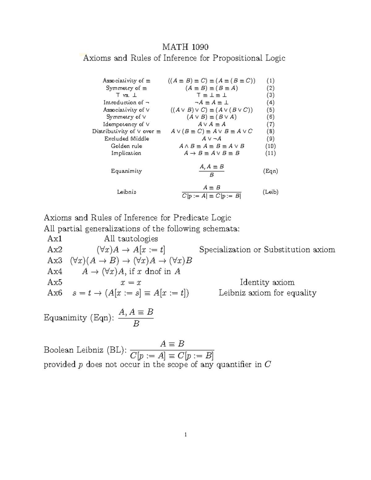 Axioms-Predicate - Important axioms. - MATH 1090 Axioms and Rules of ...
