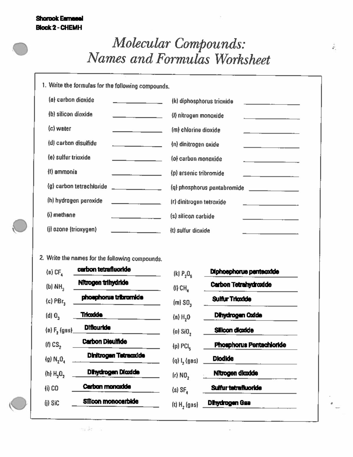 Molecular-Compounds-worksheet - Molecular Compounds: Names and Formulas ...