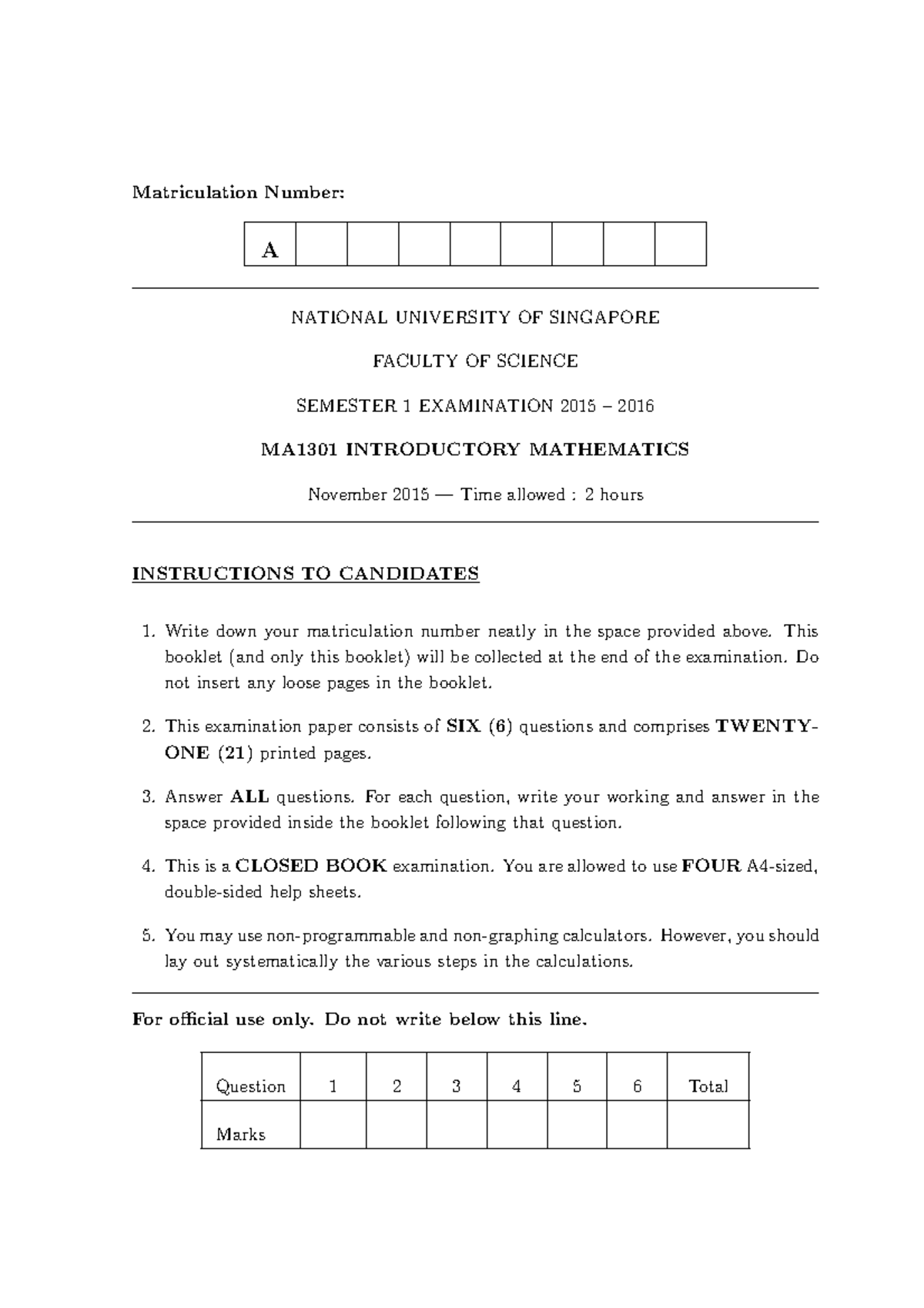 1516 math final practice - Matriculation Number: A NATIONAL UNIVERSITY ...