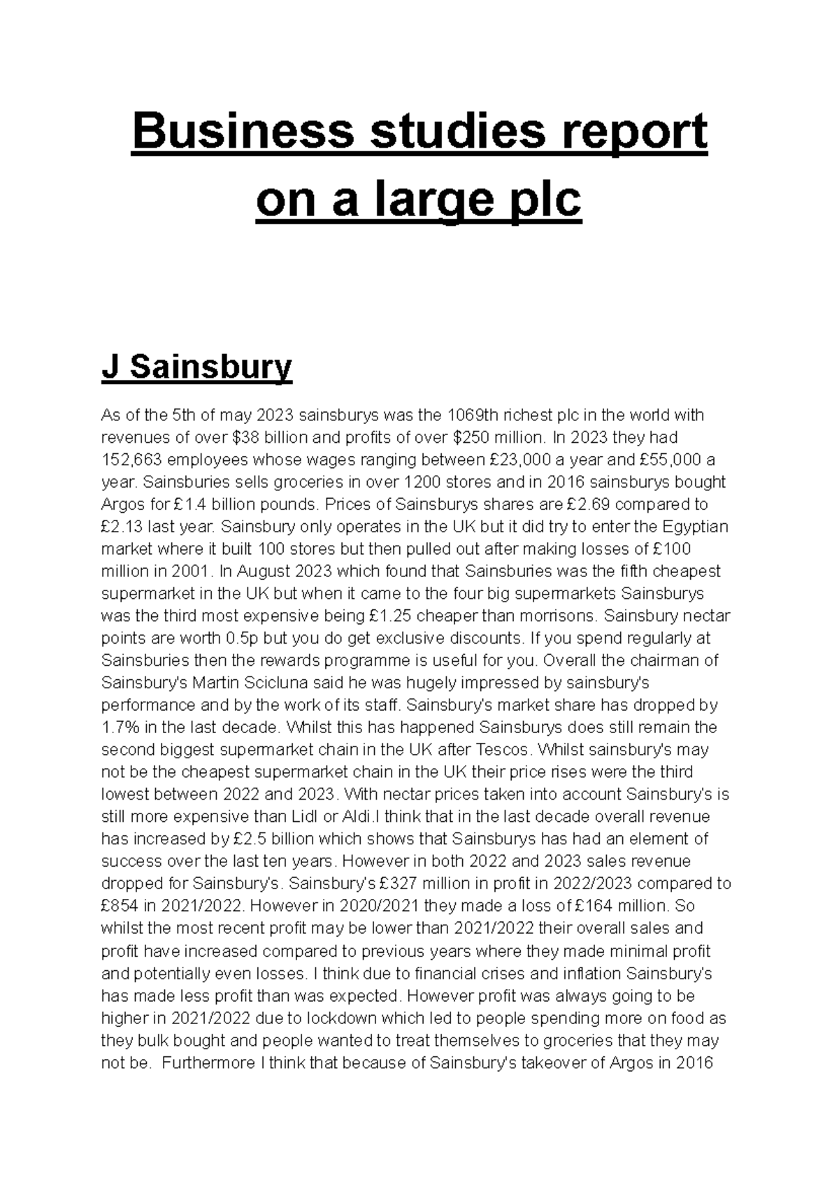 Business studies report on a large plc - Business studies report on a ...