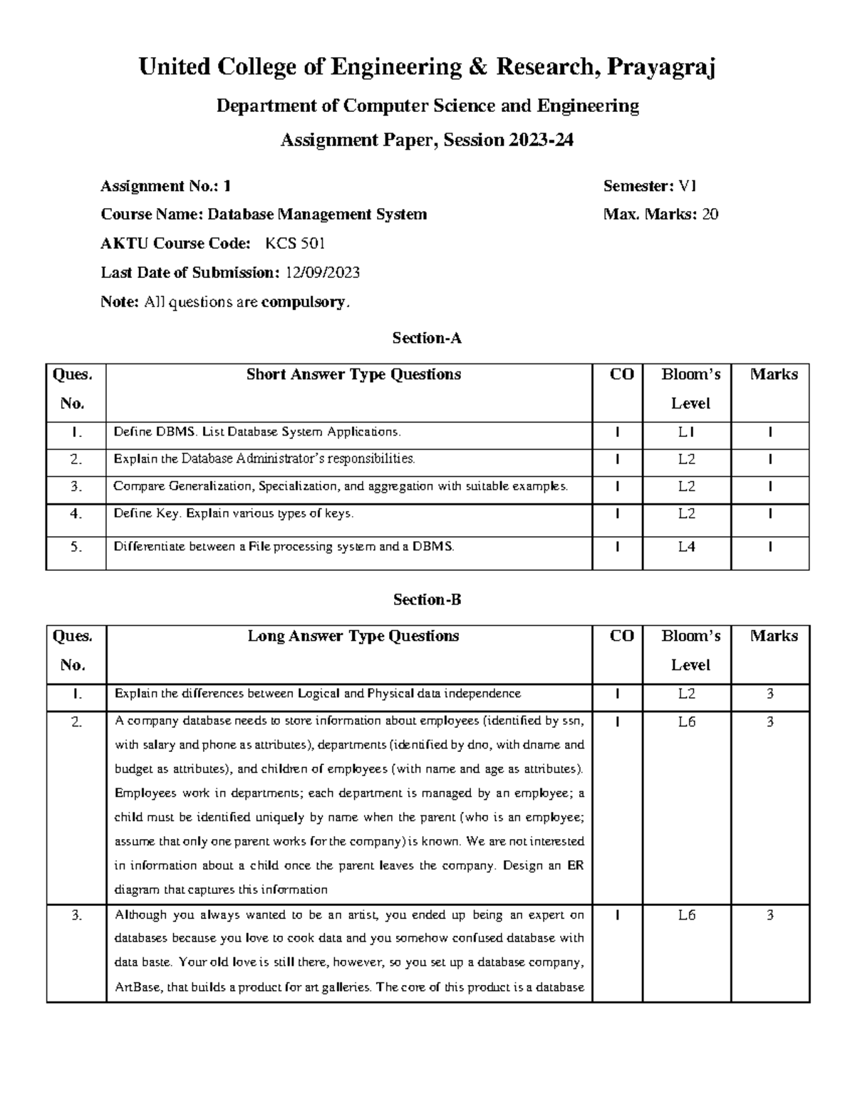Assignment 1 - United College of Engineering & Research, Prayagraj Department of Computer - Studocu