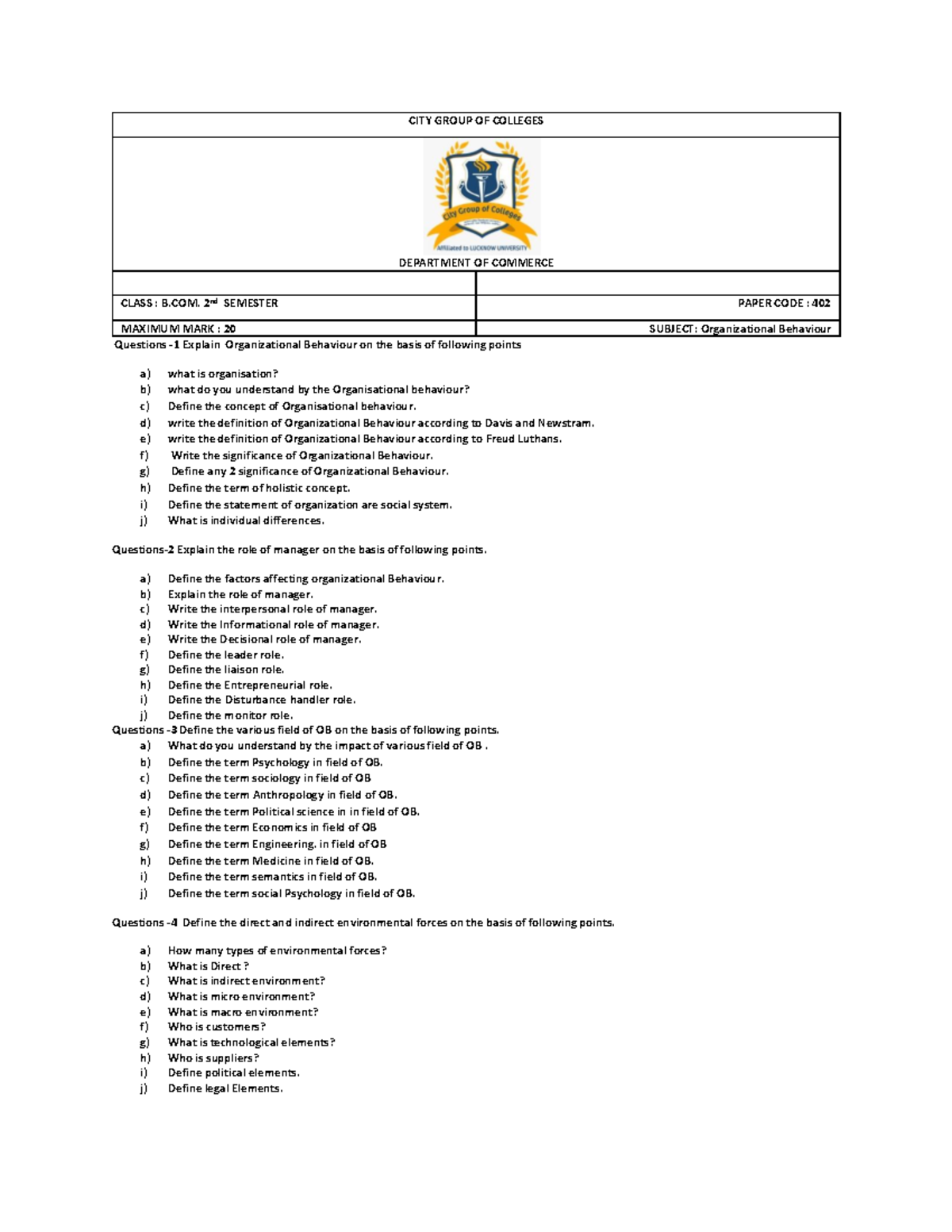 Organisational behaviour Questions Paper Unit-1 - CITY GROUP OF ...