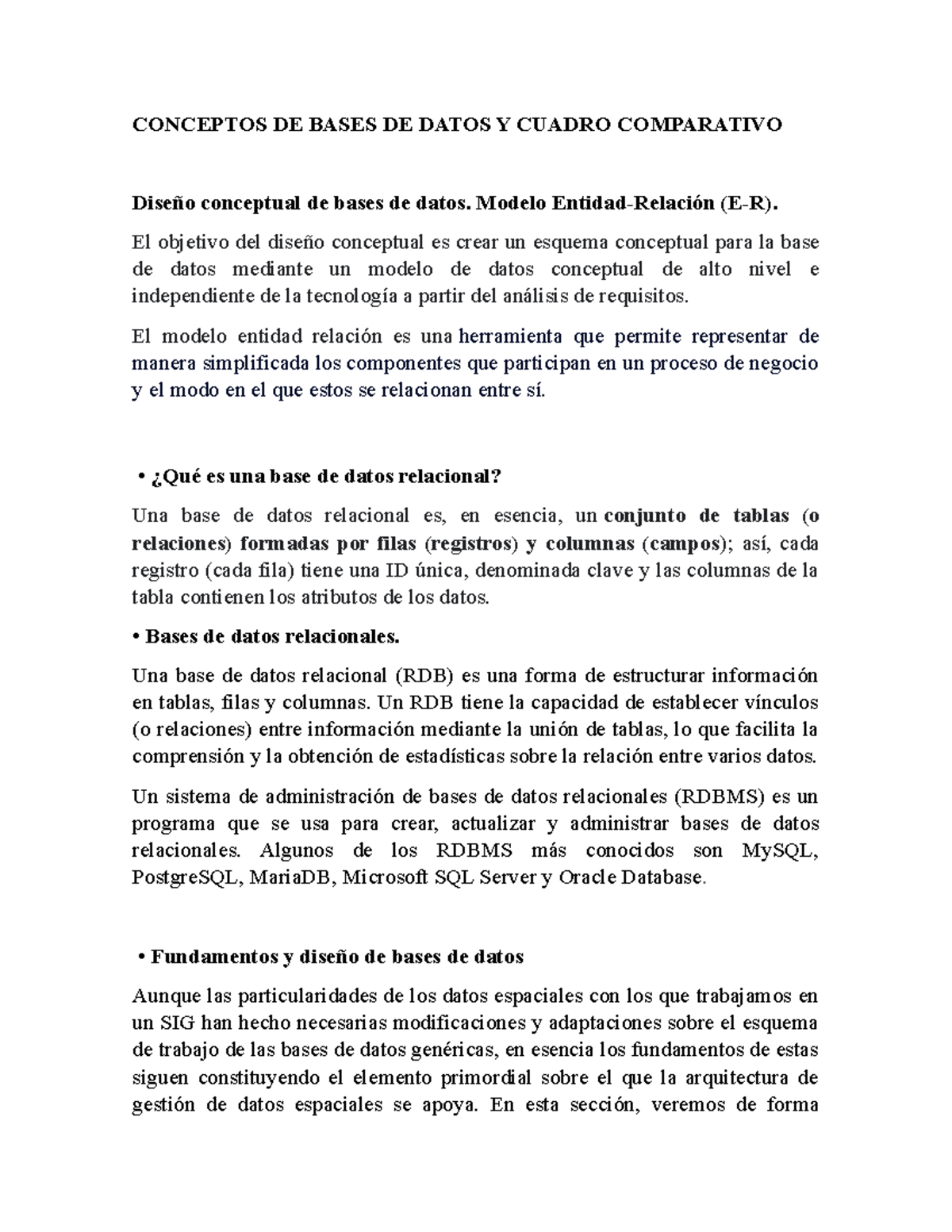 Conceptos DE Bases DE Datos Y Cuadro Comparativo - CONCEPTOS DE BASES DE DATOS Y CUADRO ...