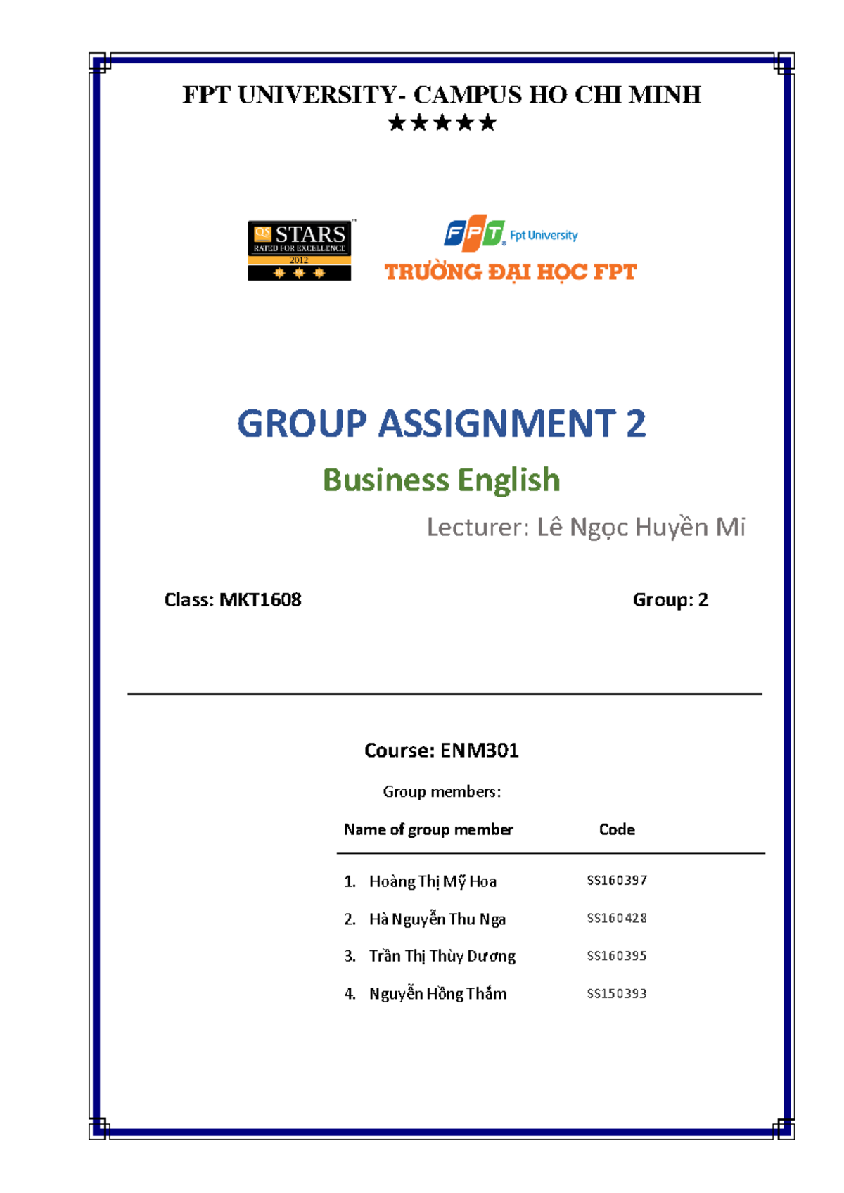 Group 2 Assignment 2 - FPT UNIVERSITY- CAMPUS HO CHI MINH GROUP ASSIGNMENT 2 Business English ...