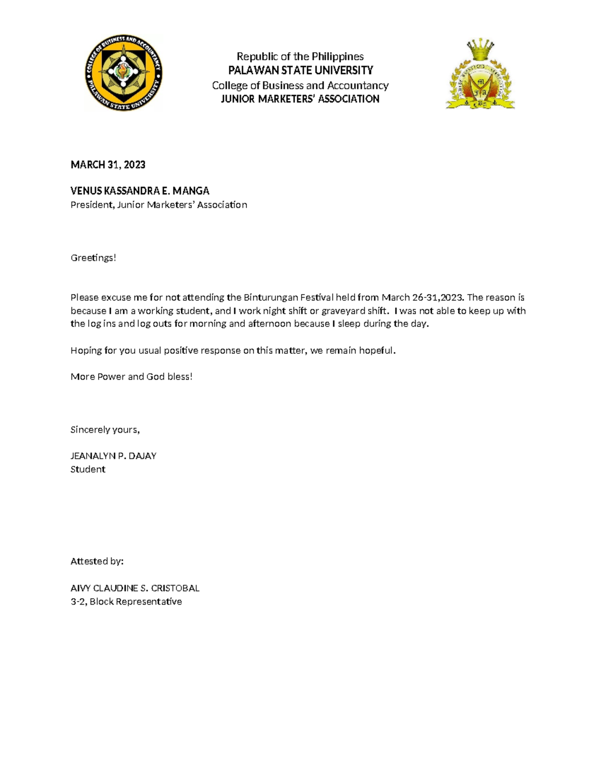 Excuse-Letter-Template - Republic of the Philippines PALAWAN STATE ...