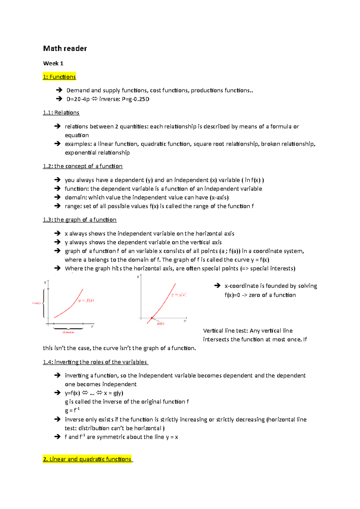 Math reader week 1 and 2 summary - Math reader Week 1 1: Functions ...