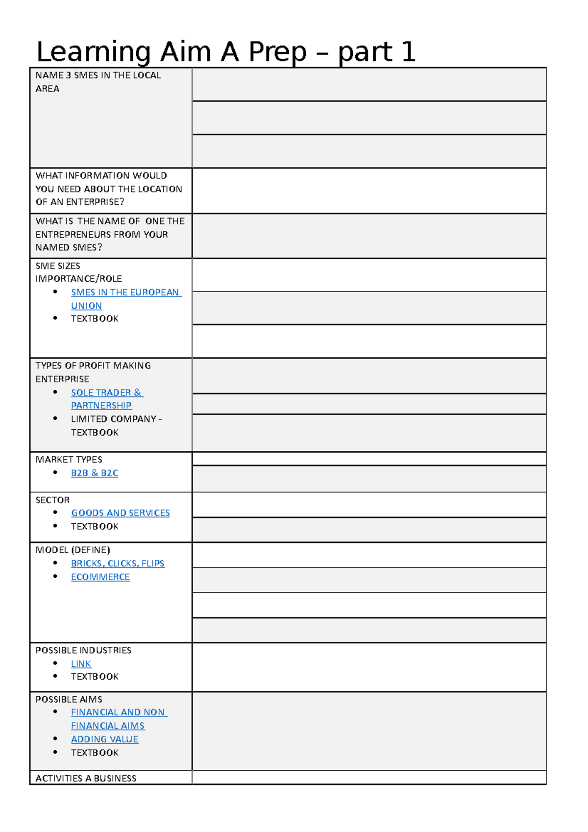 Learning Aim A - PREP - Learning Aim A Prep – part 1 NAME 3 SMES IN THE ...