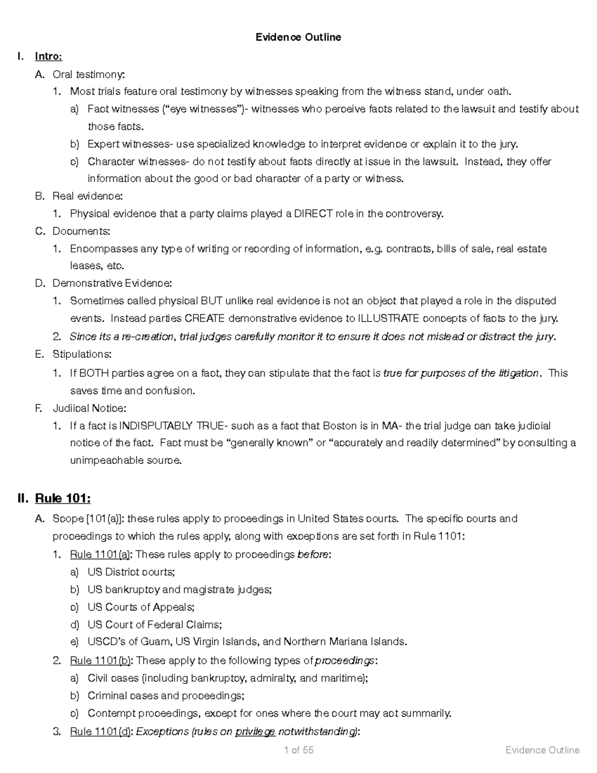 Evidence Outline Fall 2021 - Evidence Outline I. Intro: A. Oral ...