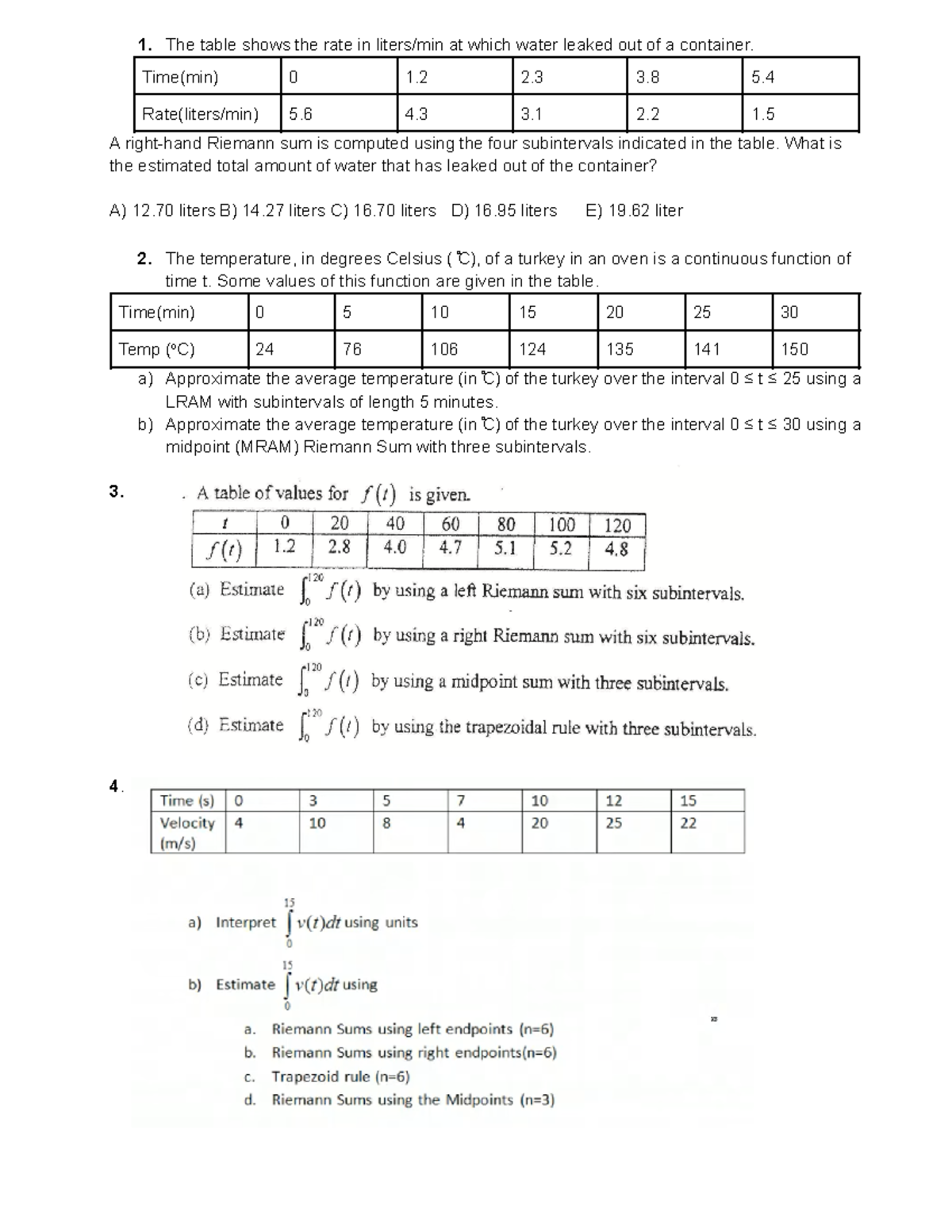AP Calculus Riemann Sum Exercises - 1. The table shows the rate in ...