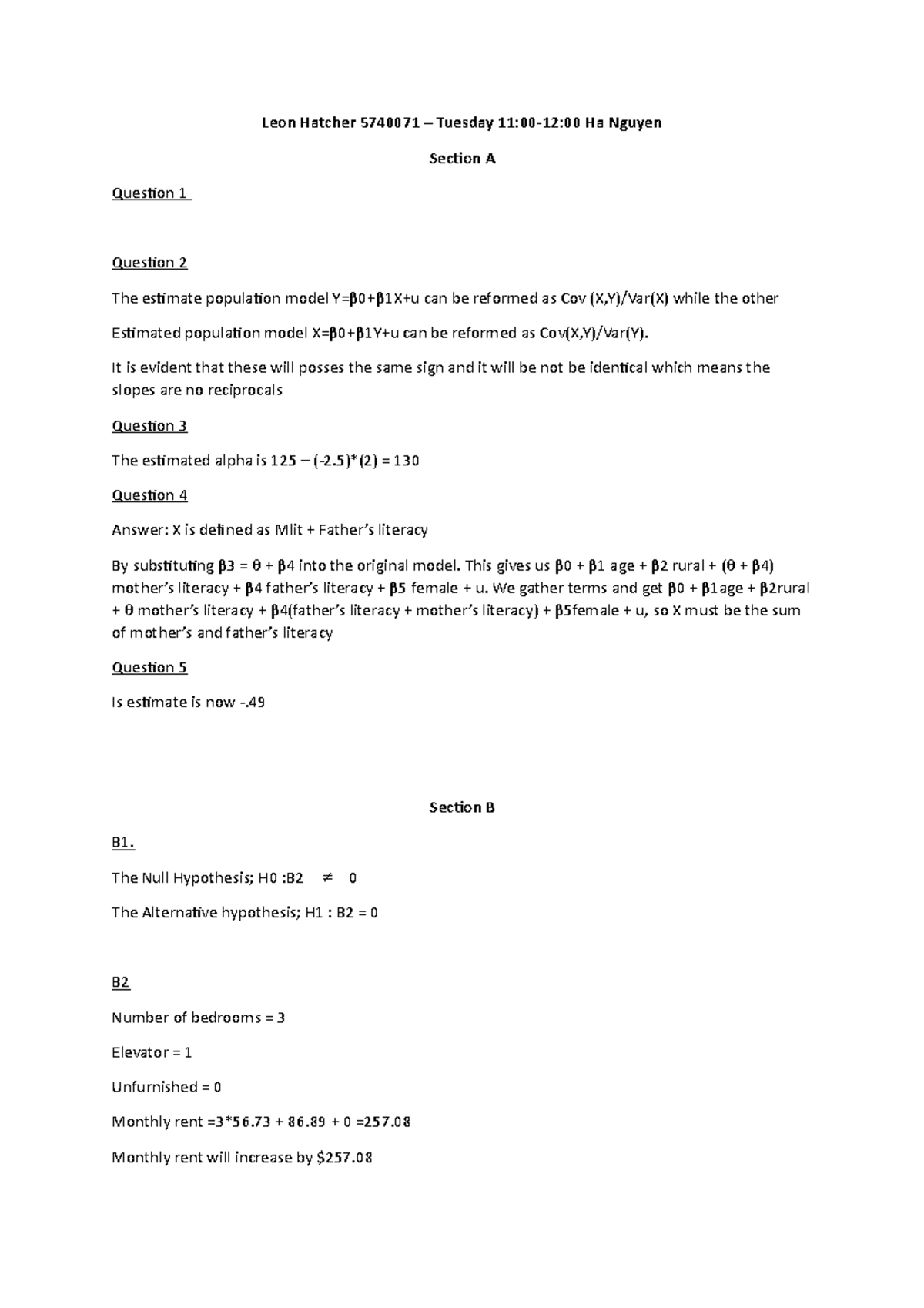 ECON339 Mid session exam - ECON339 - UOW - Studocu