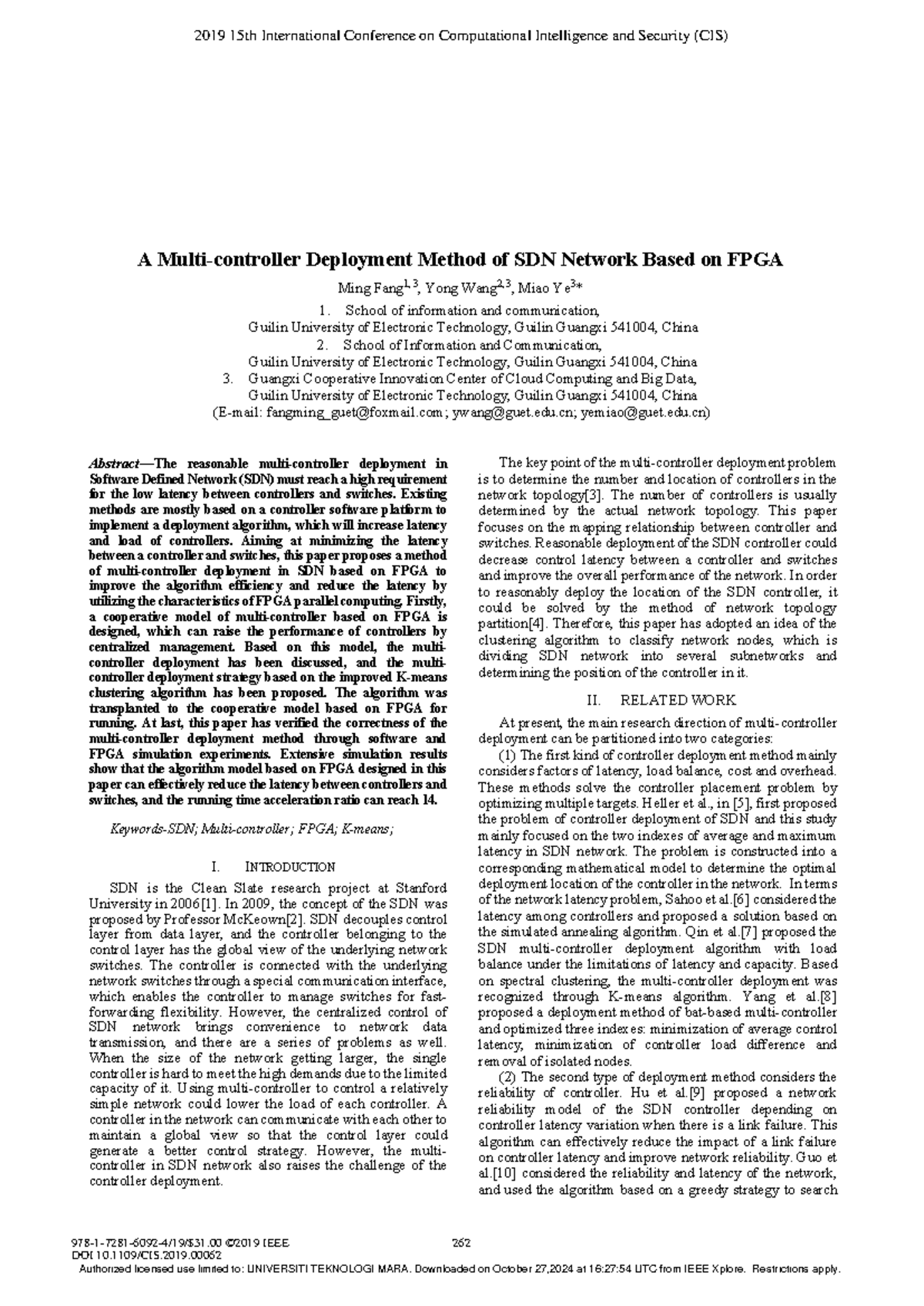A Multi Controller Deployment Method Of Sdn Network Based On Fpga Edu