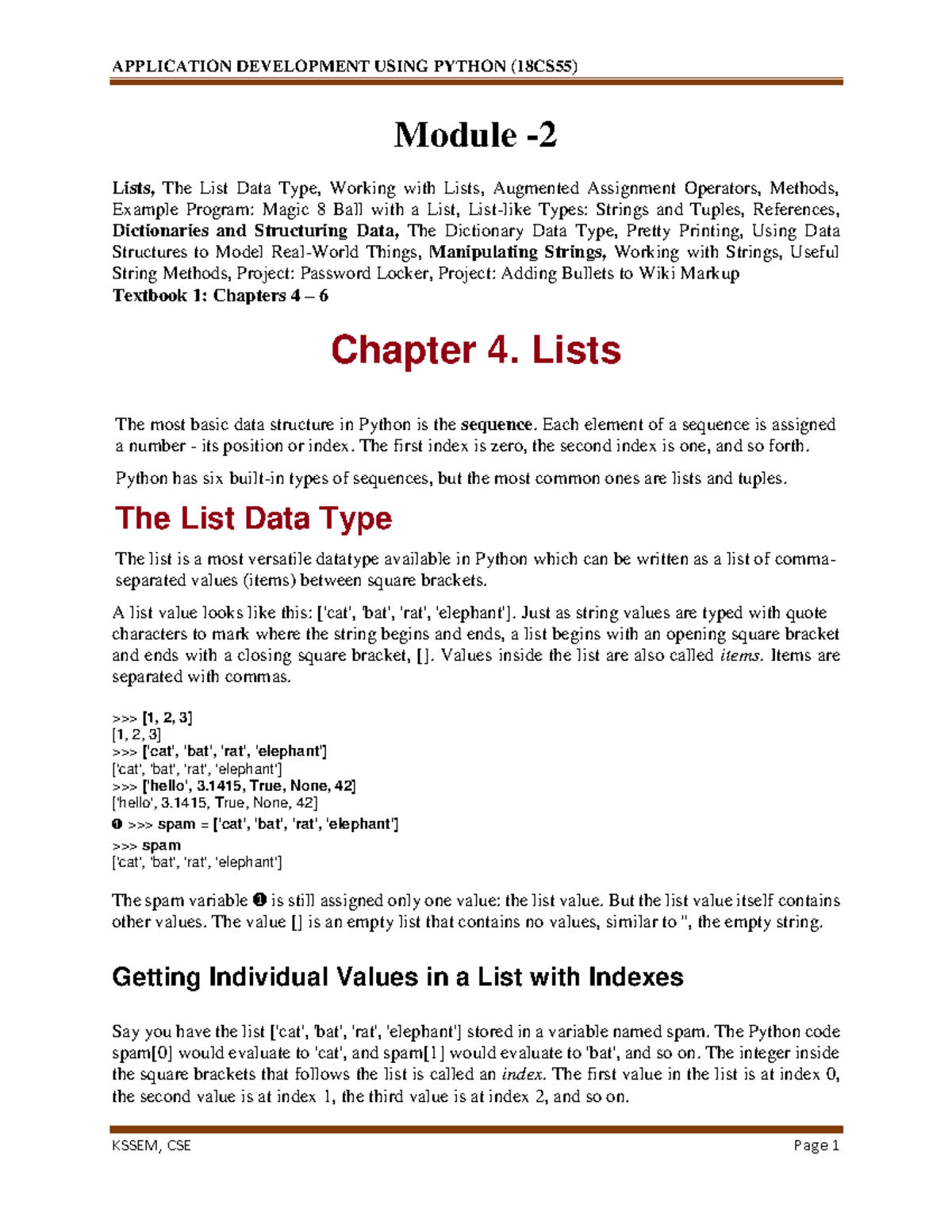 Module 2 18cs55 Adp Notes Module Lists The List Data Type Working With Lists Augmented