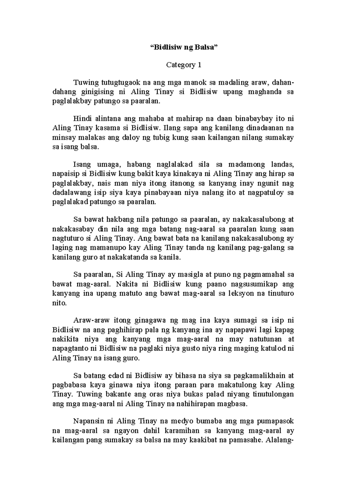 Bidlisiw ng Balsa - Notes - “Bidlisiw ng Balsa” Category 1 Tuwing ...