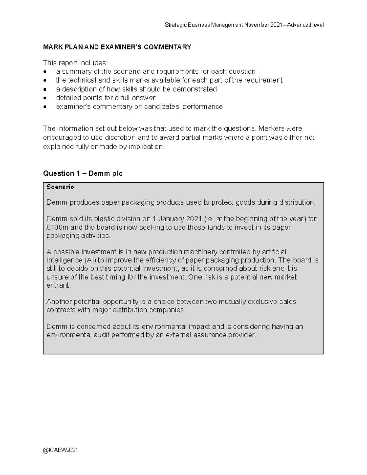 SBM Nov 21 Ans - @ICAEW MARK PLAN AND EXAMINER’S COMMENTARY This report ...