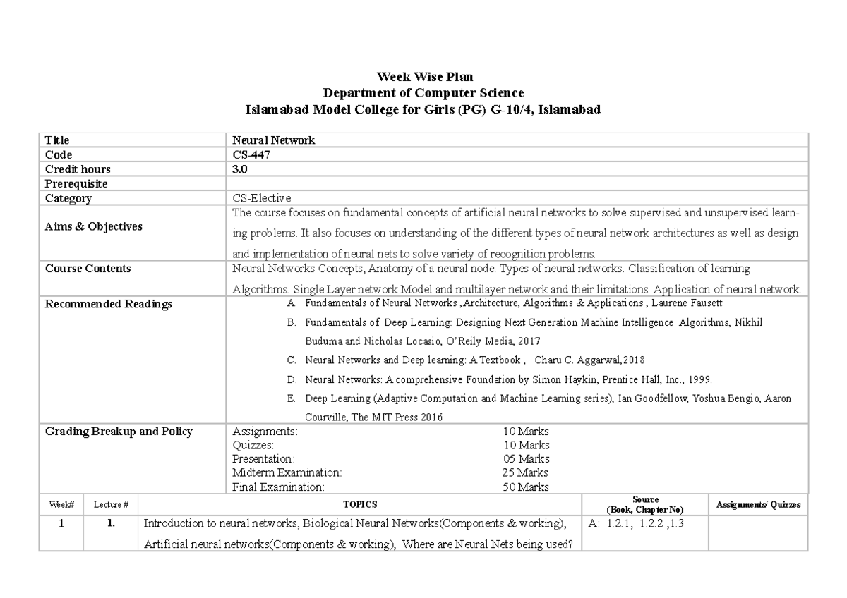 Week wise break up Neural Network - Week Wise Plan Department of ...