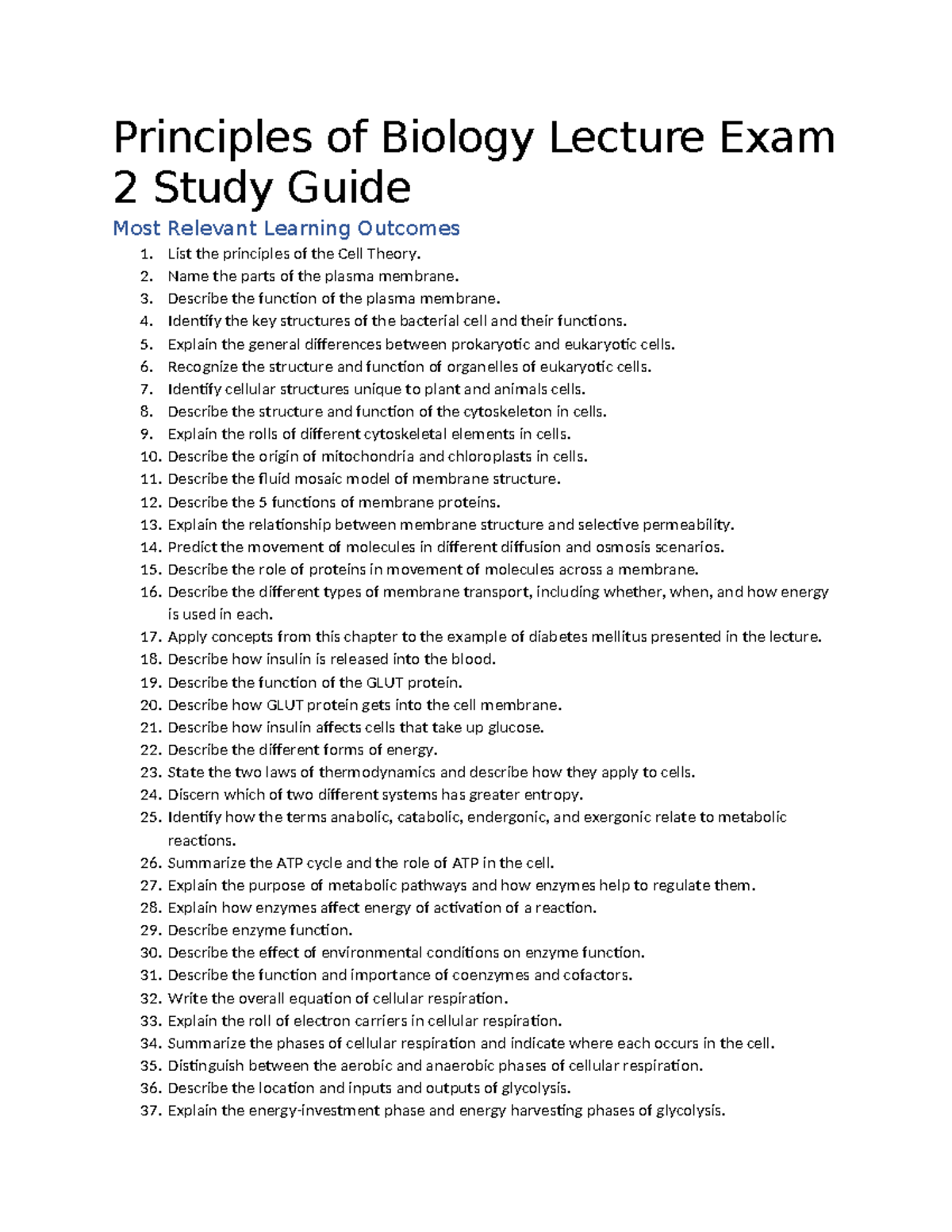 Exam2Study Guide - Principles of Biology Lecture Exam 2 Study Guide ...