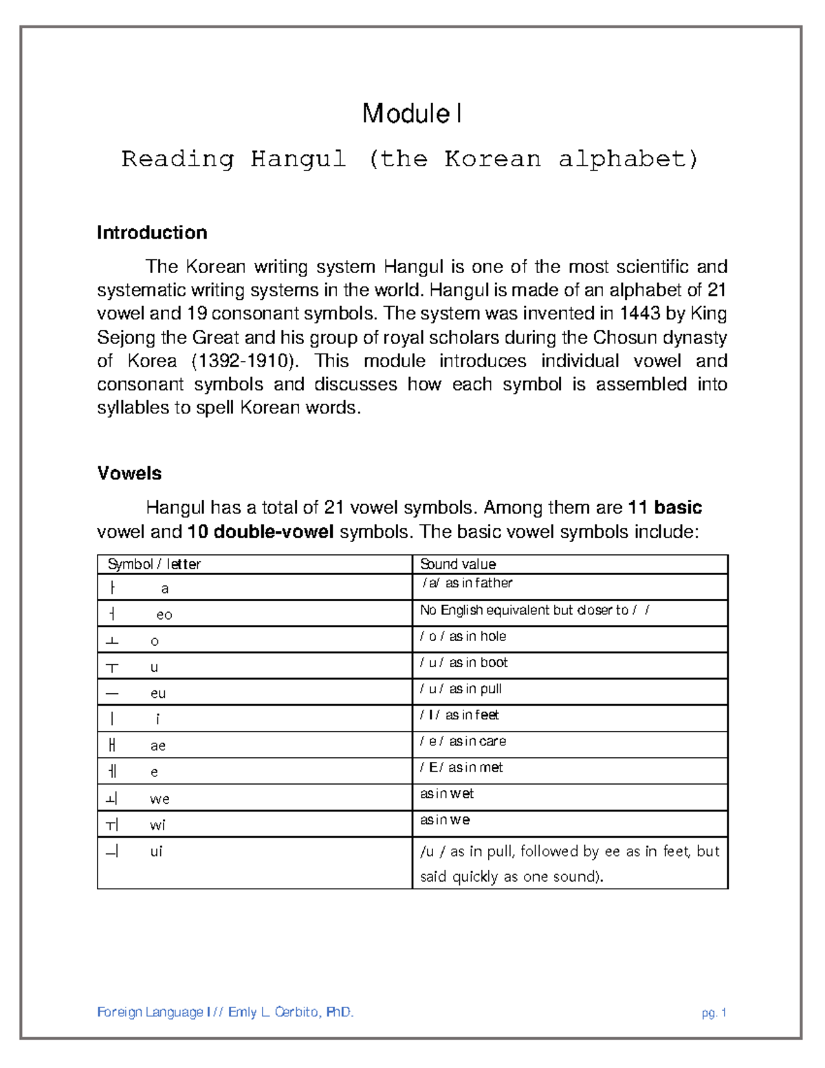 Module-1-FL1 - n/a - M odule I Reading Hangul (the Korean alphabet) Introduction The Korean ...