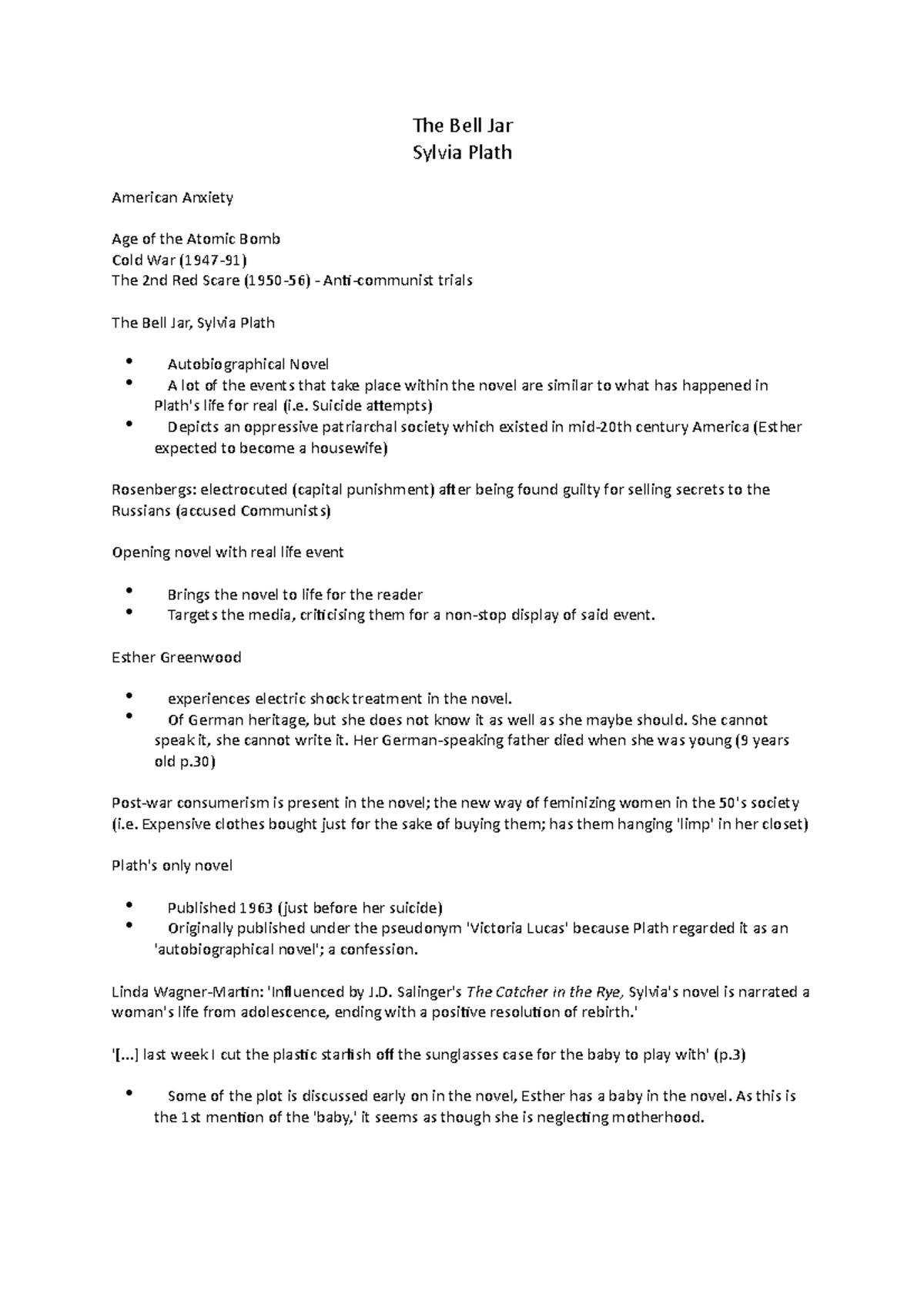 The Bell Jar - Sylvia Plath Lecture Notes - The Bell Jar Sylvia Plath ...