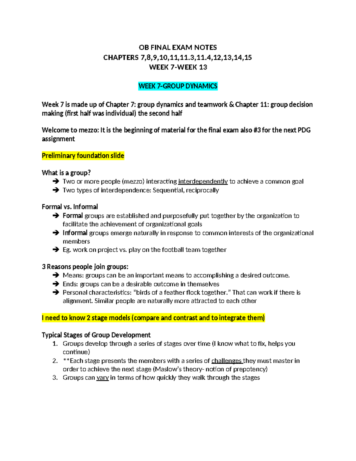 OB Final EXAM Notes - OB FINAL EXAM NOTES CHAPTERS 7,8,9,10,11,11,11,12 ...
