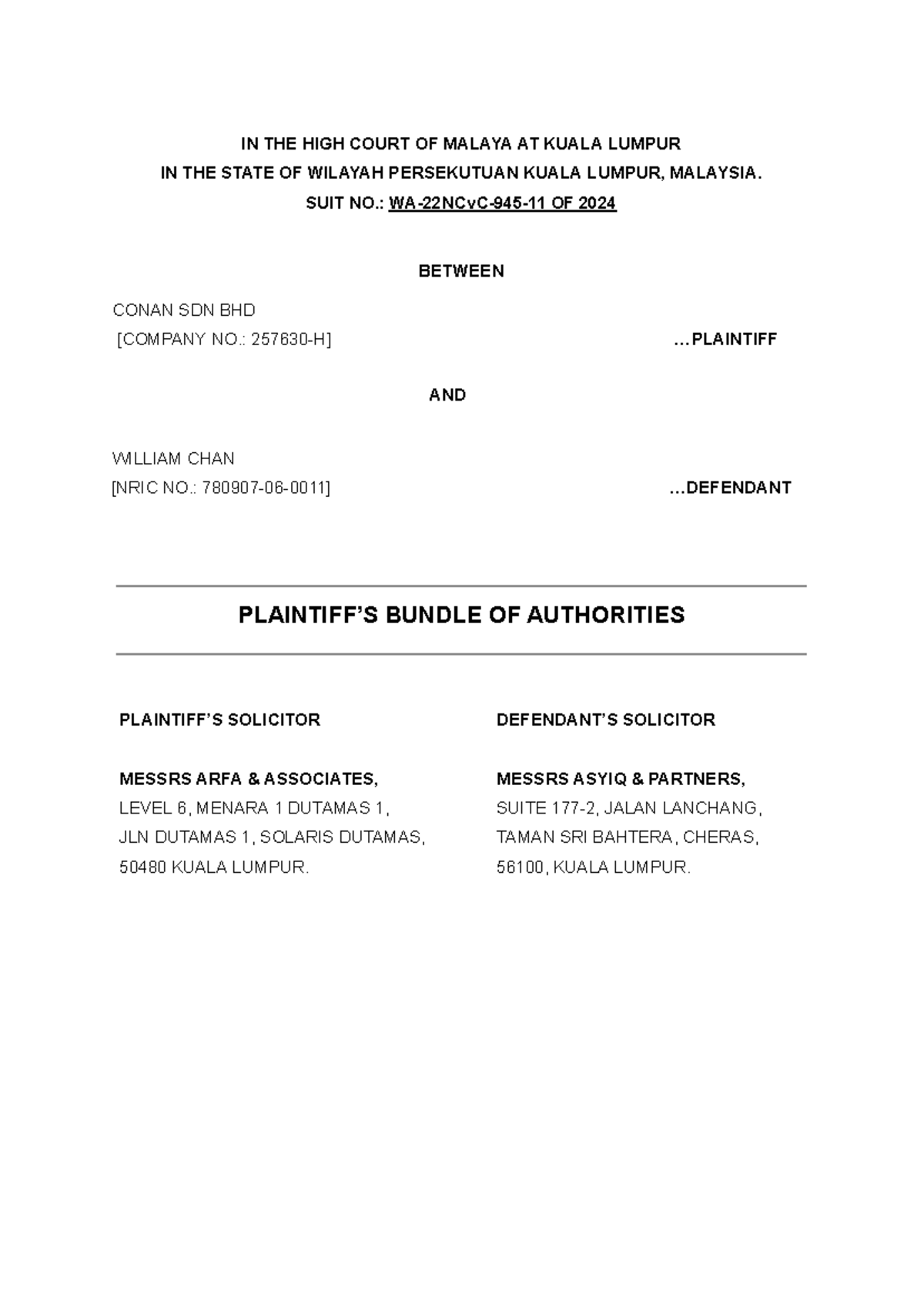 Bundle of authorities - IN THE HIGH COURT OF MALAYA AT KUALA LUMPUR IN ...