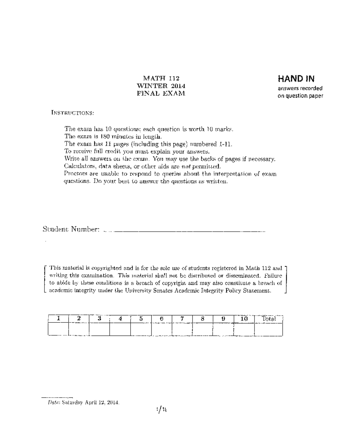 Exam 16 December 2014, questions - MATH 112 HAND WINTER 2014 answers ...