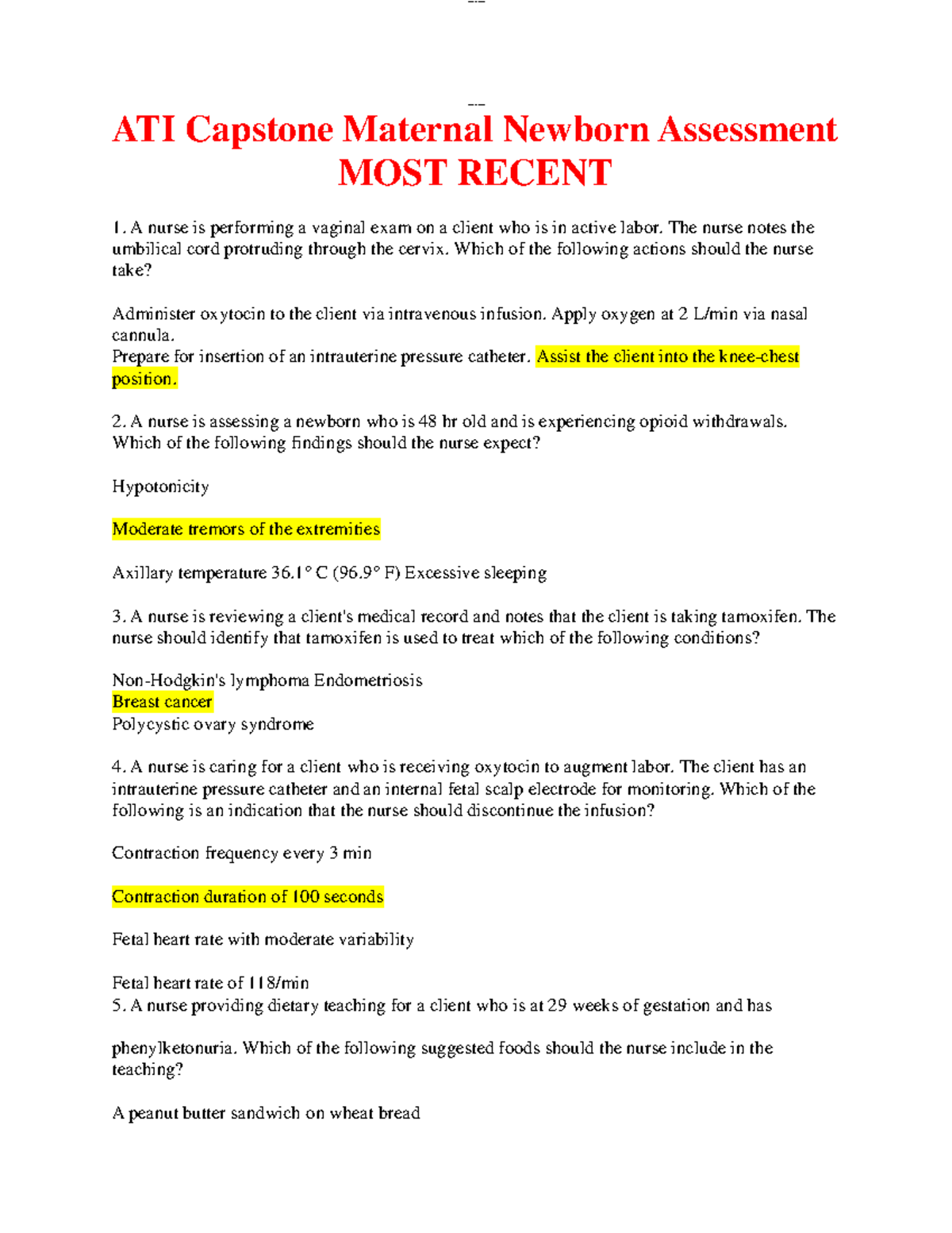 Nursing Maternal OB ATI for Capstone Most Recent Questions - l OM oARc ...