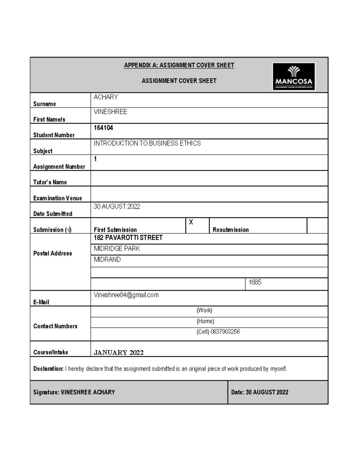 Case study - Business Ethics - APPENDIX A: ASSIGNMENT COVER SHEET ...