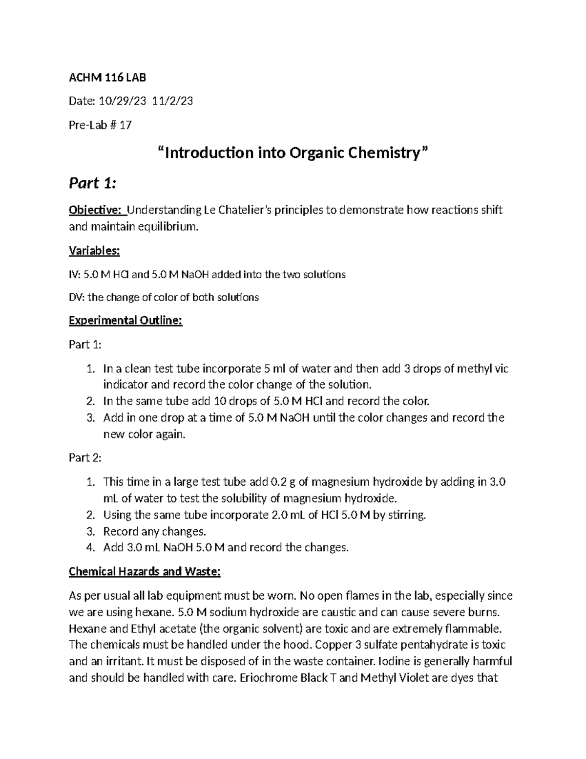 Lab #17 - lab - ACHM 116 LAB Date: 10/29/23 11/2/ Pre-Lab # 17 ...