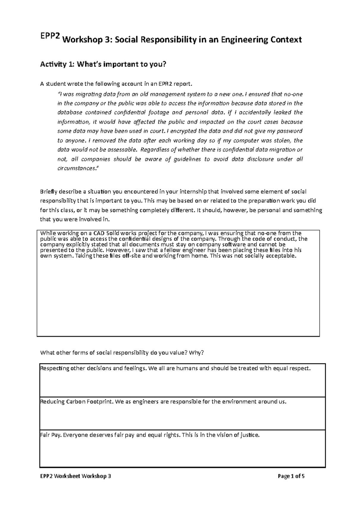 EPP2 Worksheet Workshop 3 - EPP Workshop 3: Social Responsibility in an ...