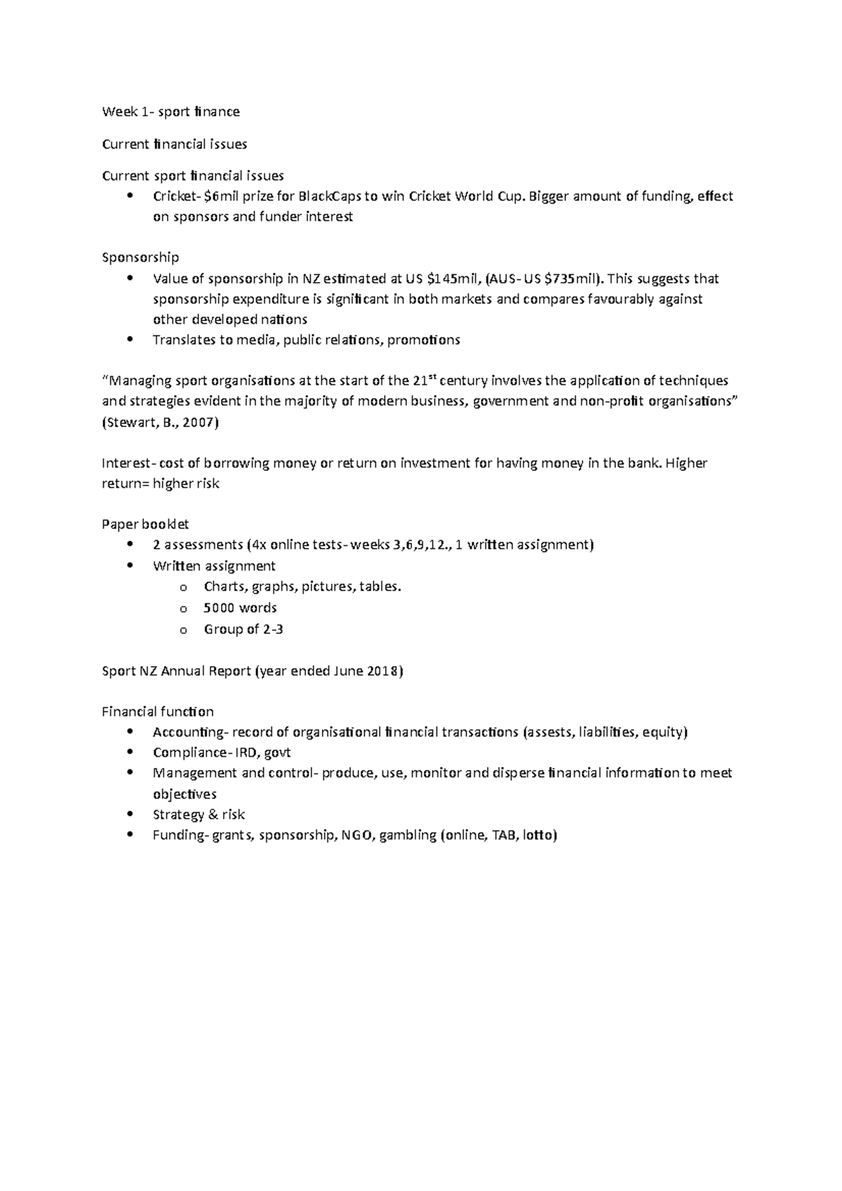 Week 1 notes - Financial issues in sport. Sponsorship. Introduction to ...