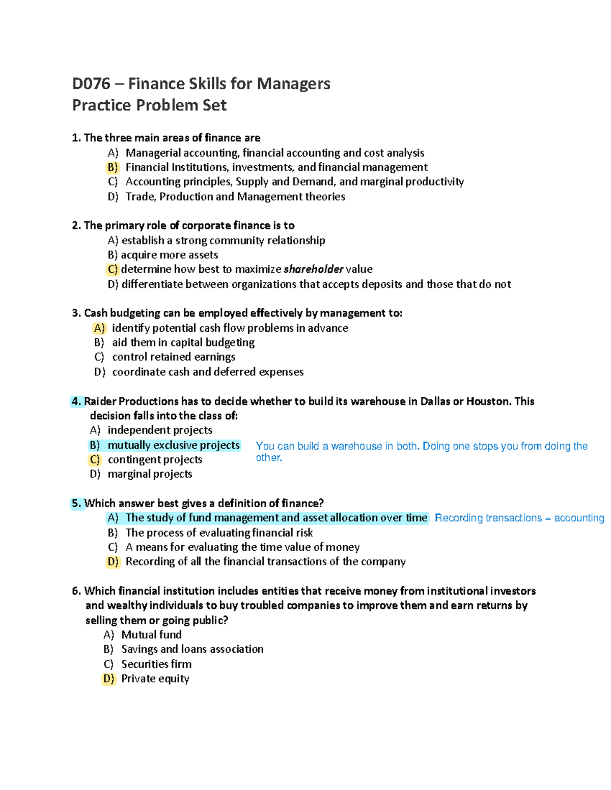 D076-Finance Practice Problem Set-Answers - D076 – Finance Skills for ...