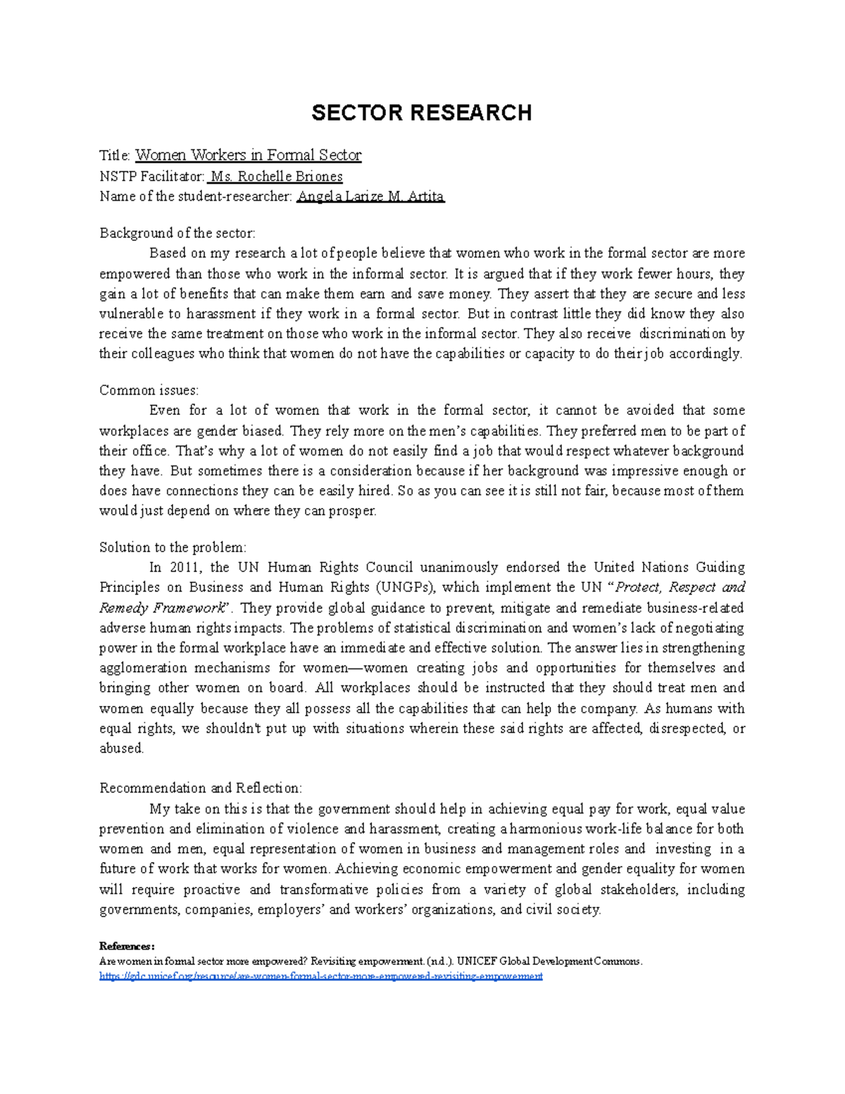 Artita- Sector Research - SECTOR RESEARCH Title: Women Workers in ...