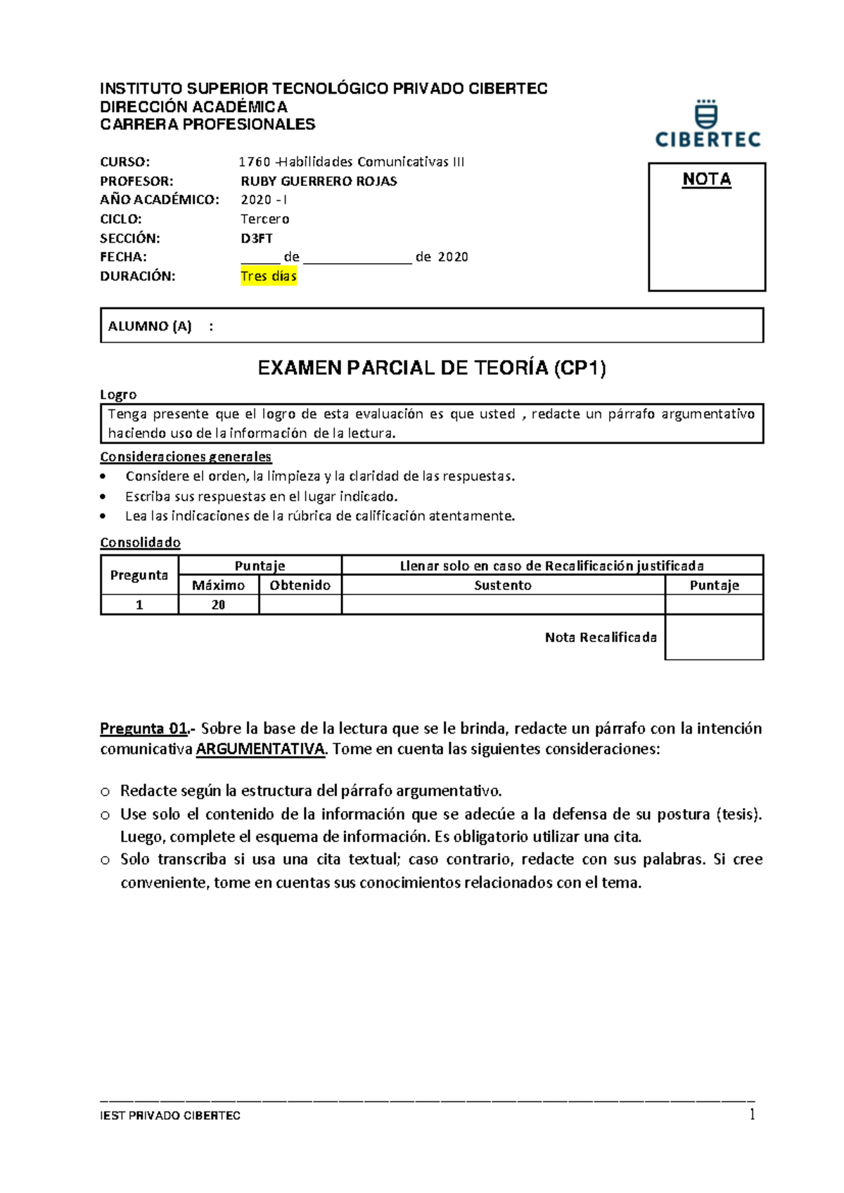 Examen Parcial N°1 D3FT 00 Martha RUBY Guerrero Rojas - - Studocu