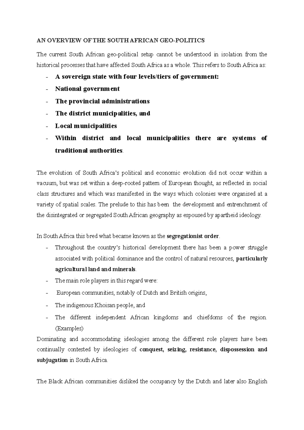 AN Overview OF THE South African GEO- Political Landscape - AN OVERVIEW ...