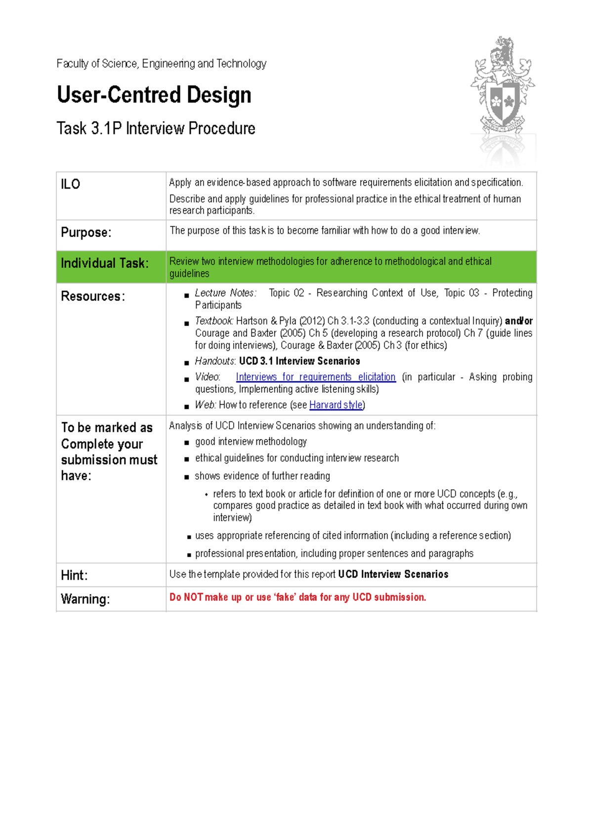 3 - tasks of UCD - Faculty of Science, Engineering and Technology User ...