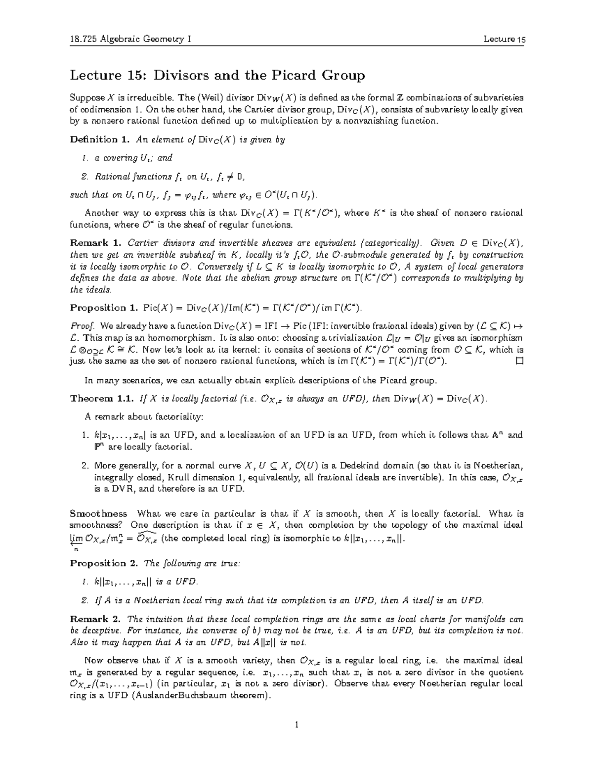 Algebraic Geometry Lecture 15 18 Algebraic Geometry I Lecture Lecture 15 Divisors And The