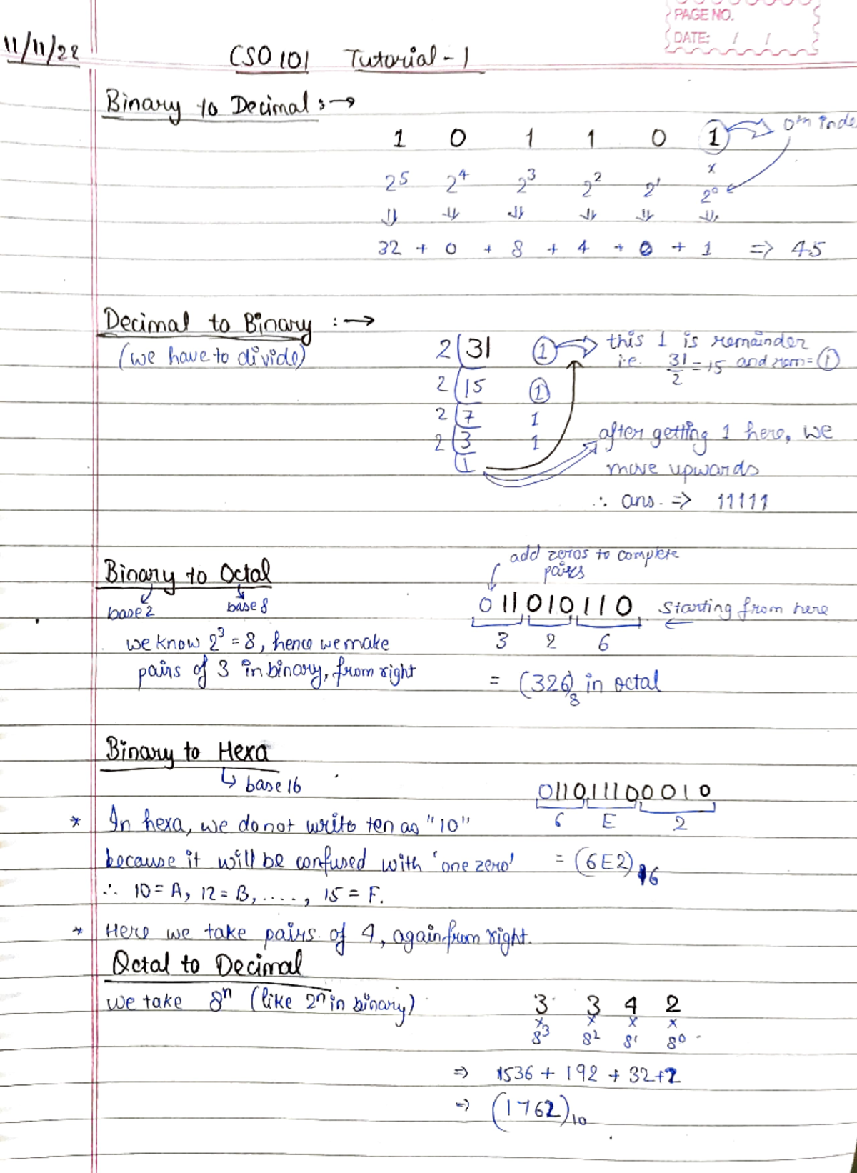CSO Tutorial-1 11-11-22 - PAGE NO. u/n/ PATE CSOtO Tutorúol- Binay 1o Deumol s 11 0 1 h Tode 1 0 ...