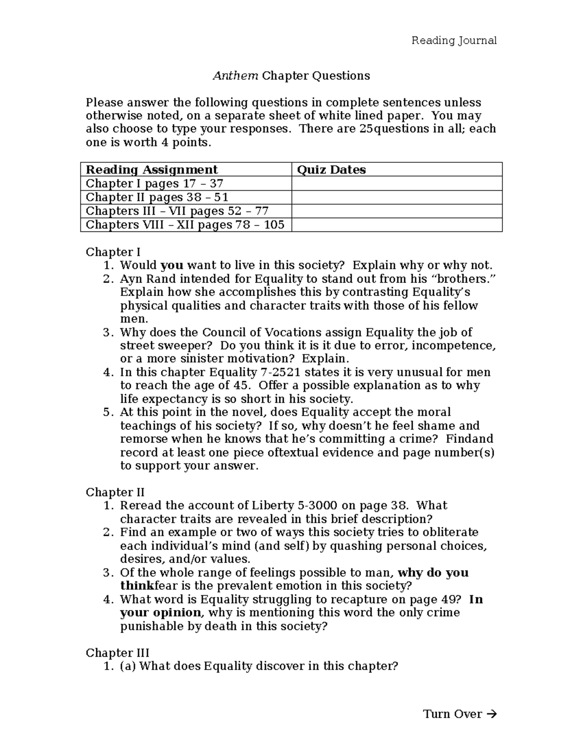 Anthem chapter questions - Reading Journal Anthem Chapter Questions ...
