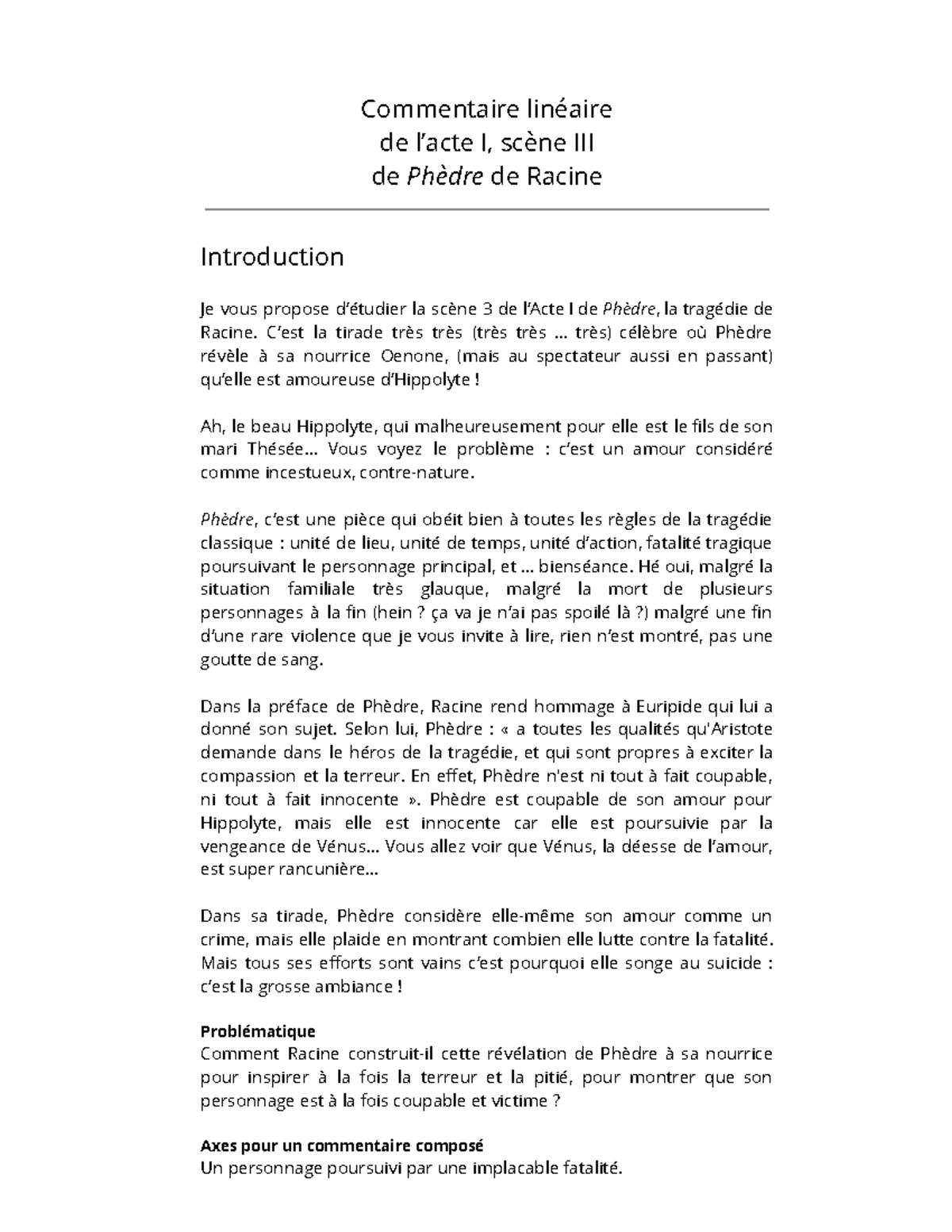 Racine,+Phèdre+-+Explication+linéaire+I-3 - Commentaire linéaire de l ...