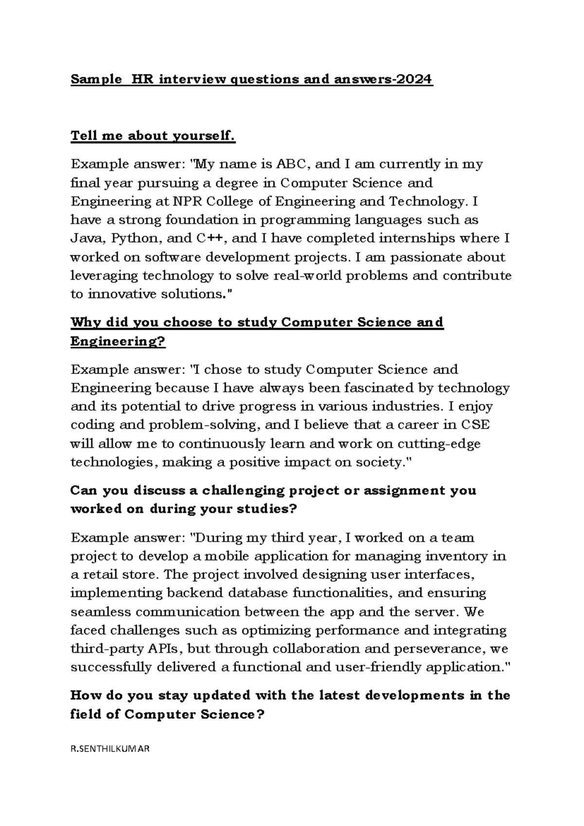 Sample hr interview questions and answers - Example answer: "My name is ...