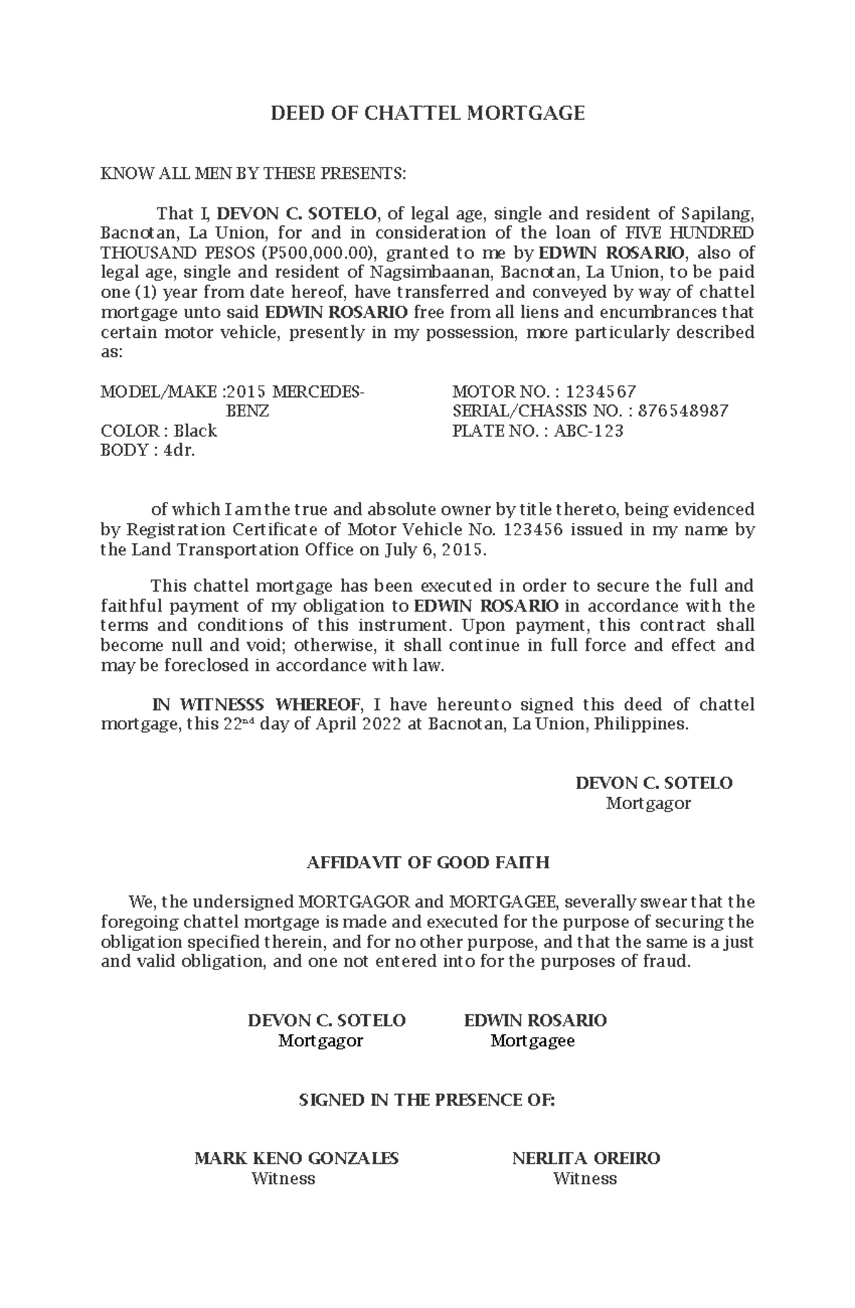 Arellano - DEED OF Chattel Mortgage - DEED OF CHATTEL MORTGAGE KNOW ALL ...