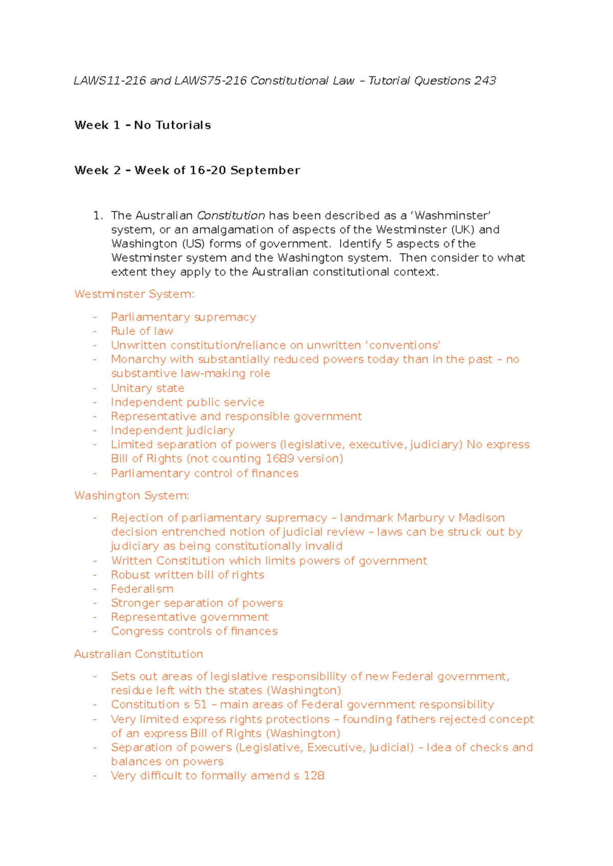 Tutorial 1 wk 2 LAWS11 - LAWS11-216 and LAWS75-216 Constitutional Law ...