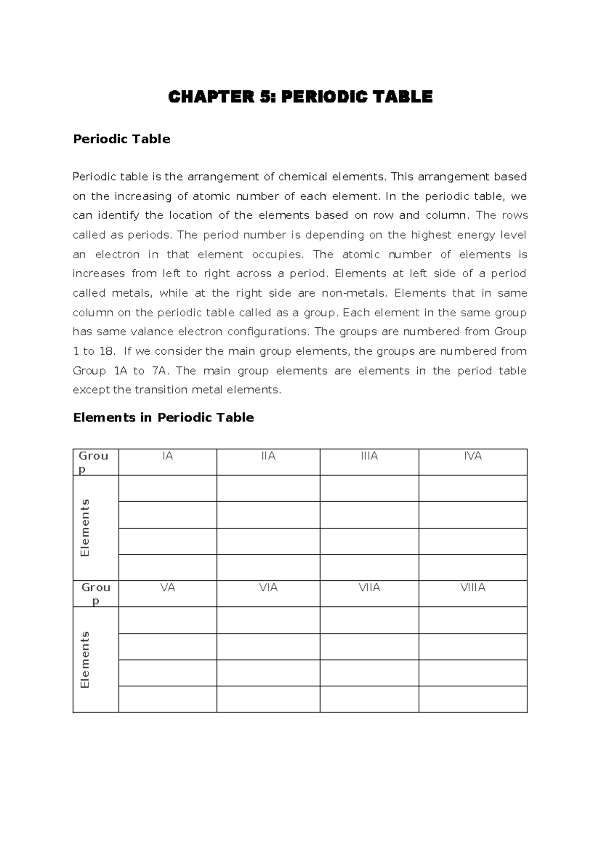 Chapter 5 - Periodic Table - CHAPTER 5: PERIODIC TABLE Periodic Table ...