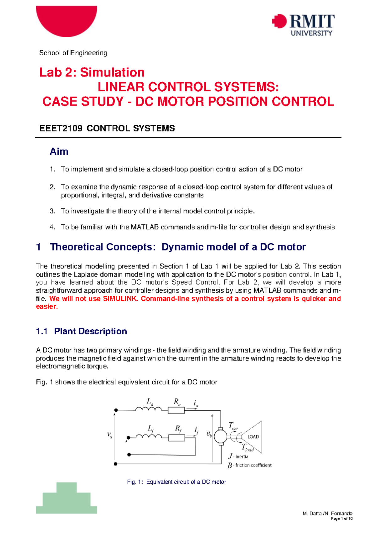 EEET 2109 Lab2 2024 - Laboratory 2: LINEAR CONTROL SYSTEMS: CASE STUDY ...