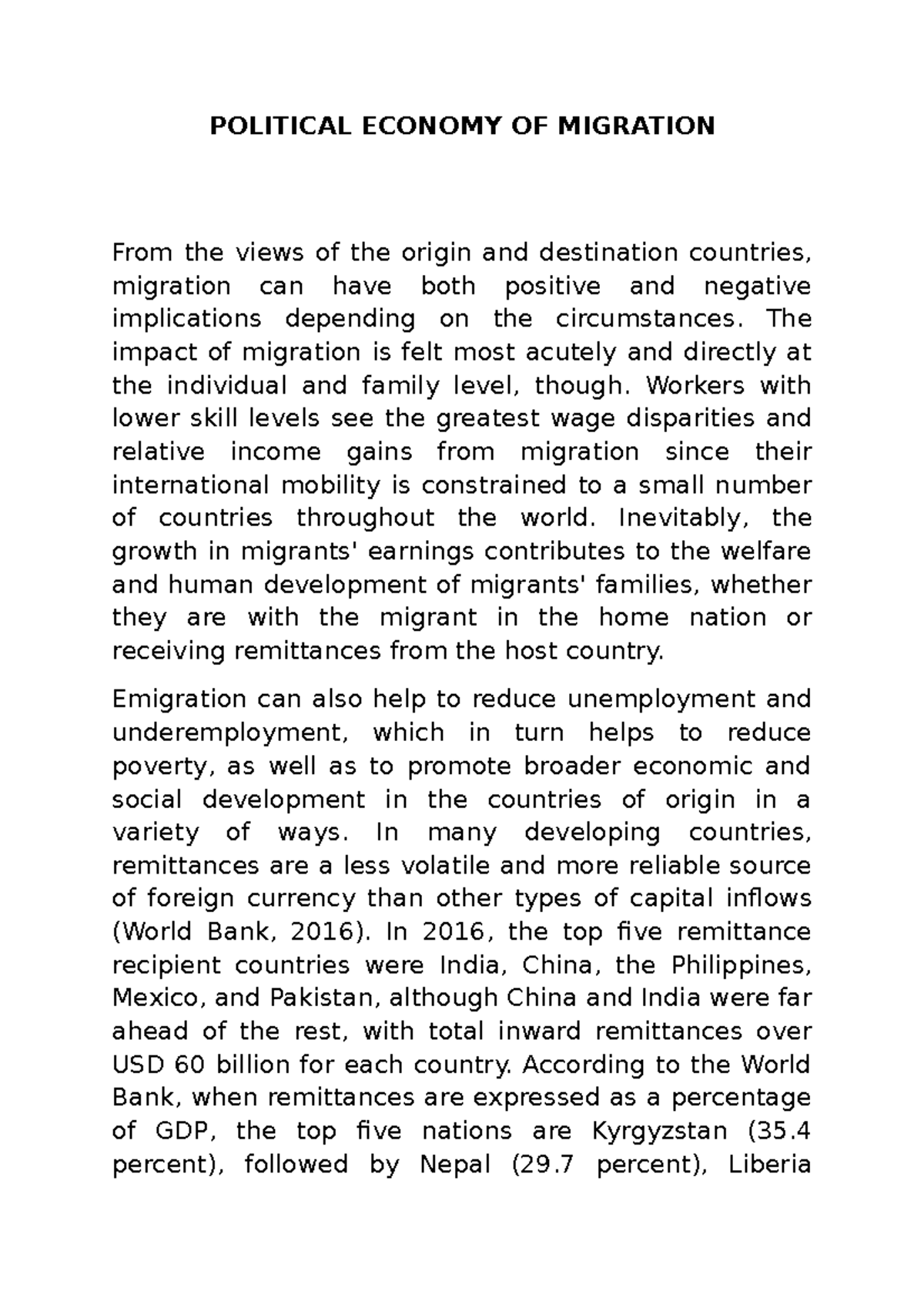 Political Economy OF Migration - POLITICAL ECONOMY OF MIGRATION From ...