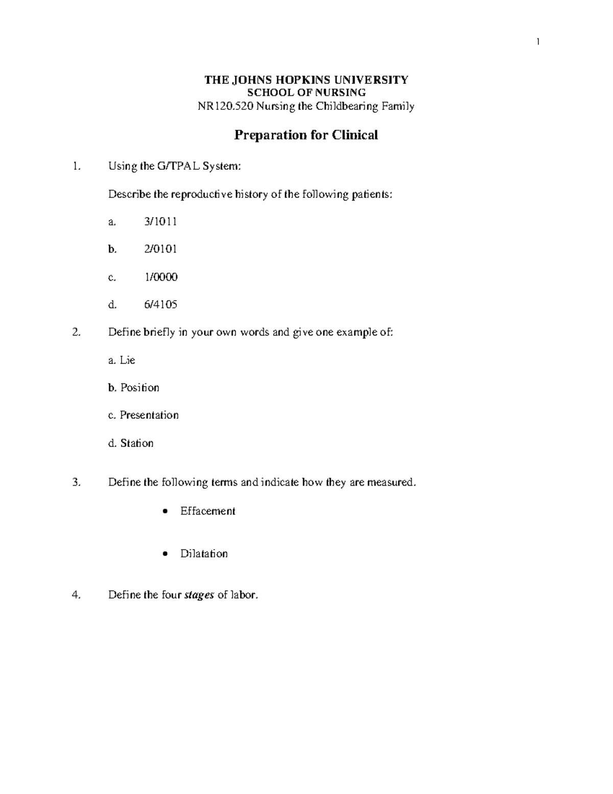 OB Clinical Preparation (1st day)-1 - 1 THE JOHNS HOPKINS UNIVERSITY ...